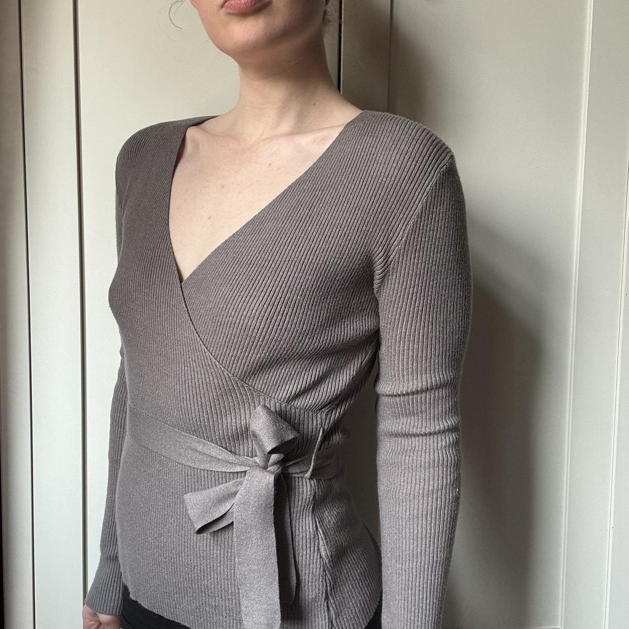 Mock wrap around effect v neck rib knit long sleeved... | Depop