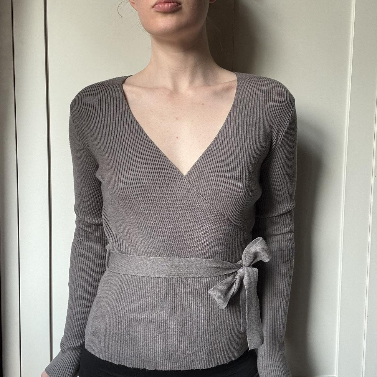 Mock wrap around effect v neck rib knit long sleeved... | Depop