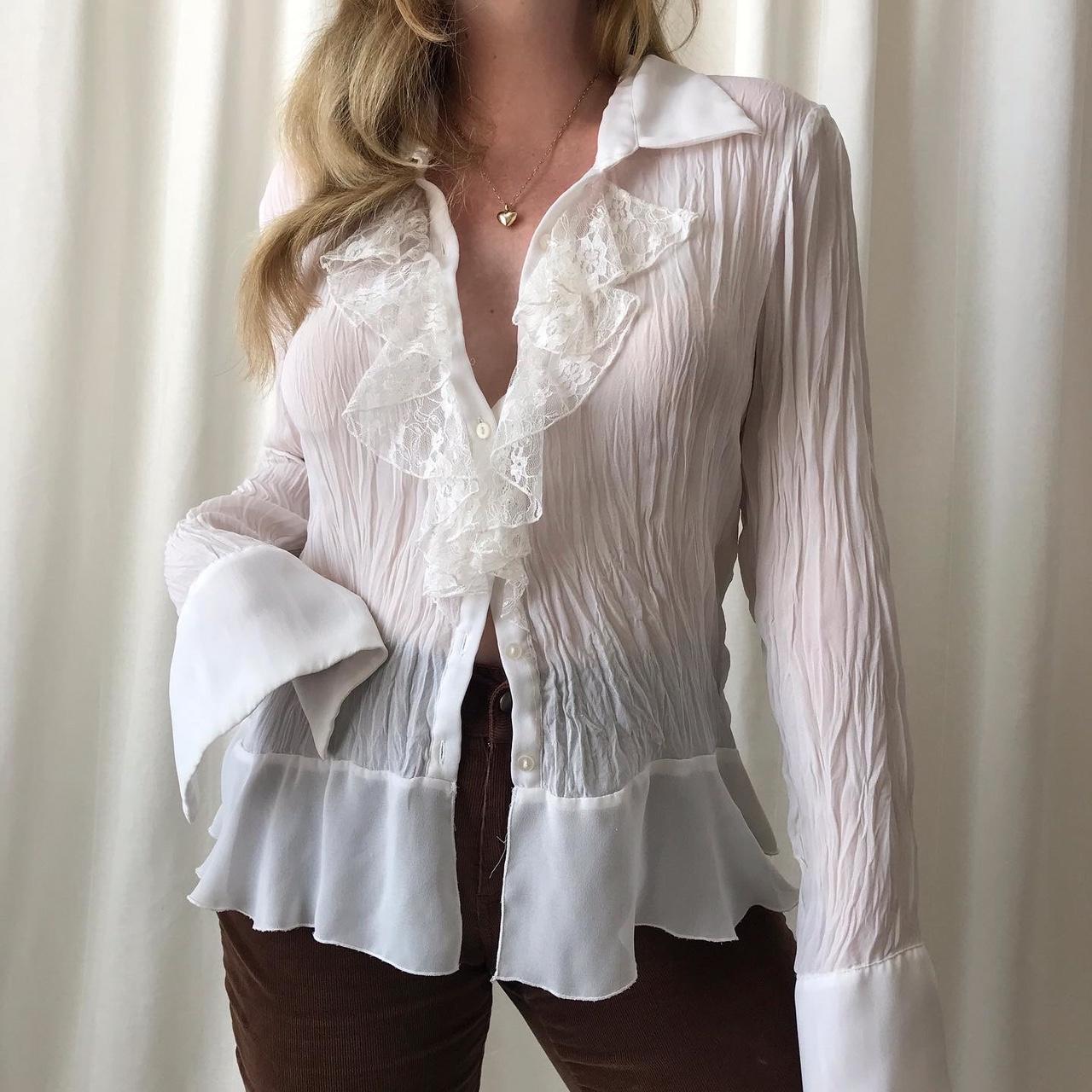 White romantic frilly tie top sheer crinkle fabric... - Depop