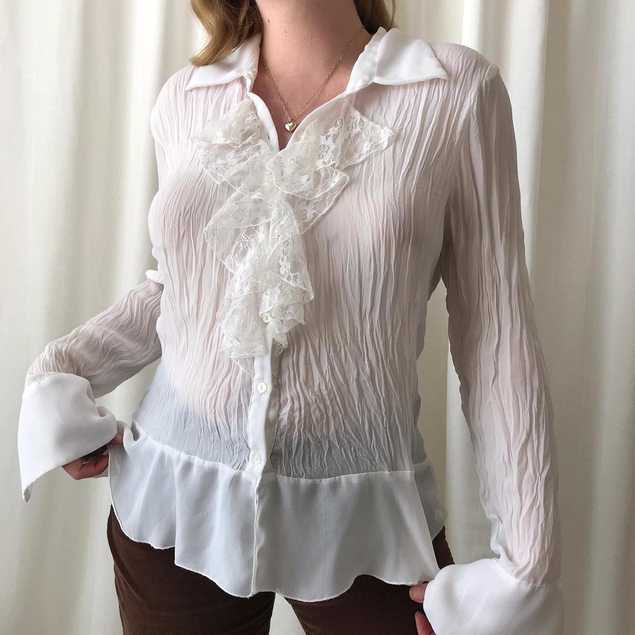 White romantic frilly tie top sheer crinkle fabric... - Depop