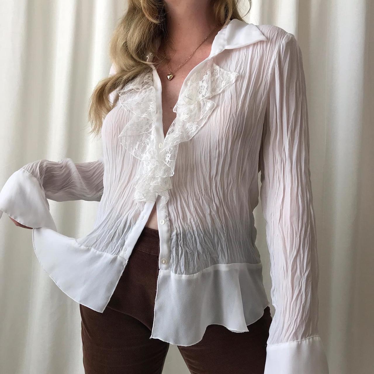 White romantic frilly tie top sheer crinkle fabric... - Depop