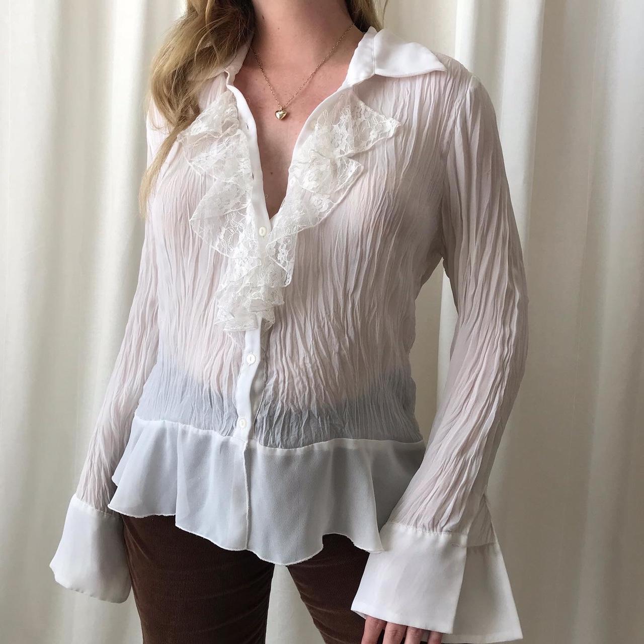 White romantic frilly tie top sheer crinkle fabric... - Depop