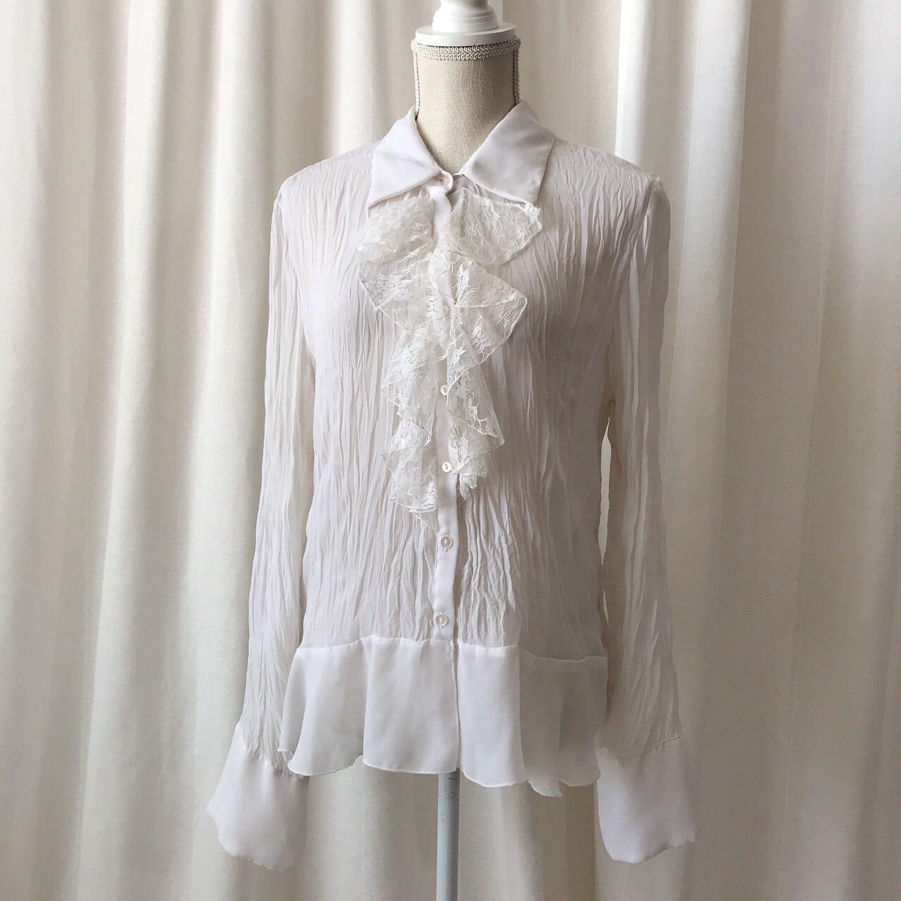 White romantic frilly tie top sheer crinkle fabric... - Depop