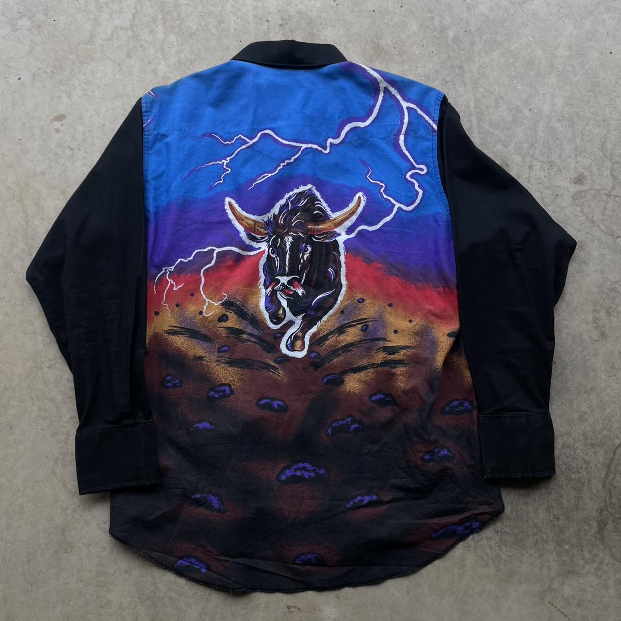 vintage 80’s lightning bull button up... | Depop