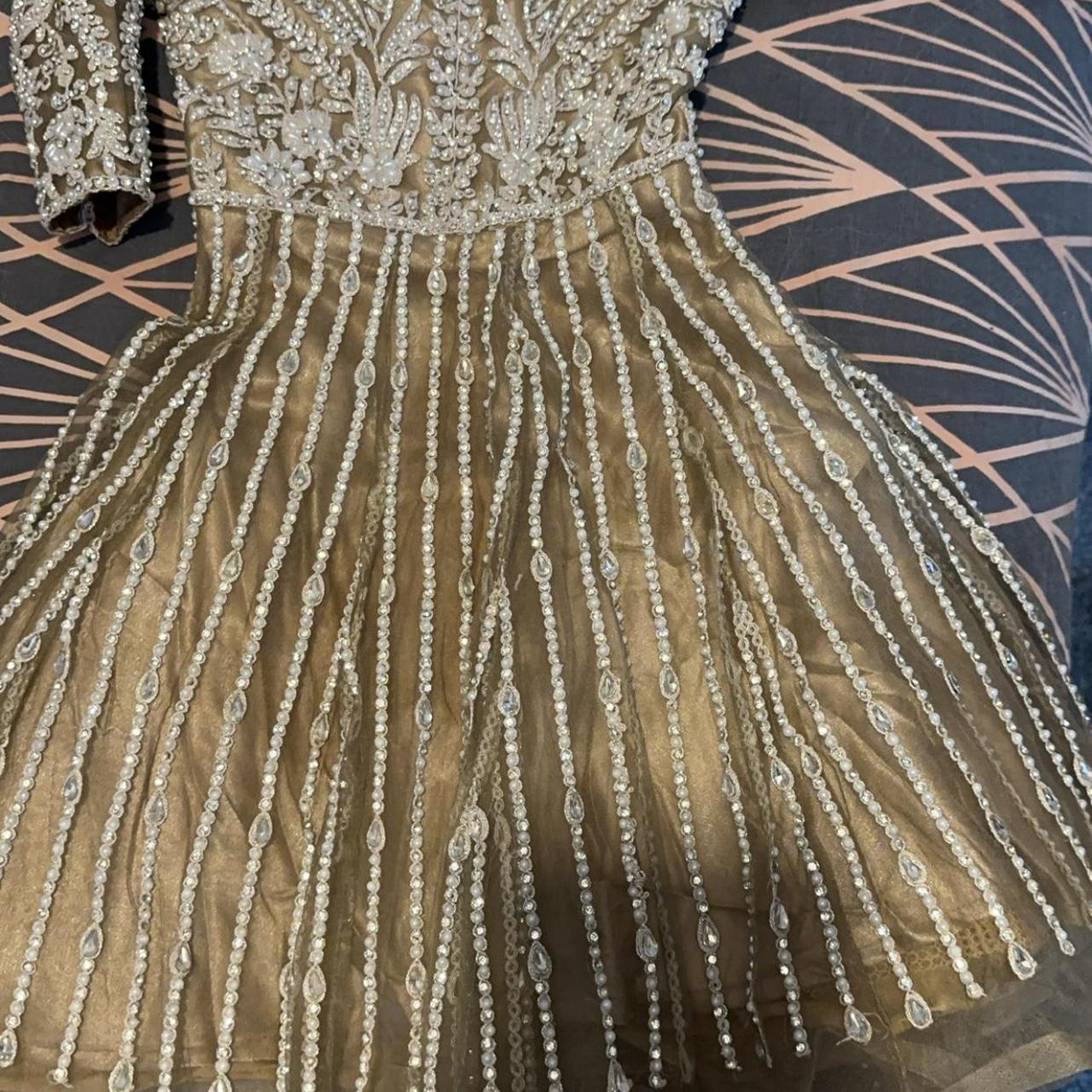 Girls Gold net dress with pearl embroidery fully... - Depop