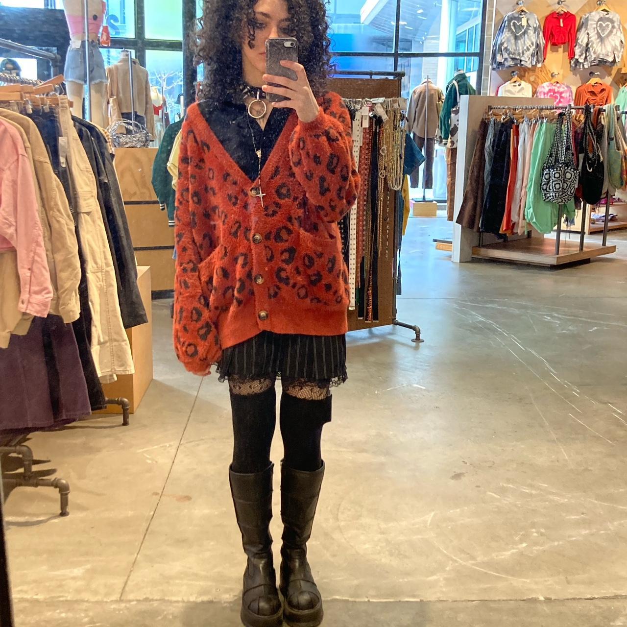 DETAILS: Fuzzy Dollskill red leopard cardigan SIZE... - Depop