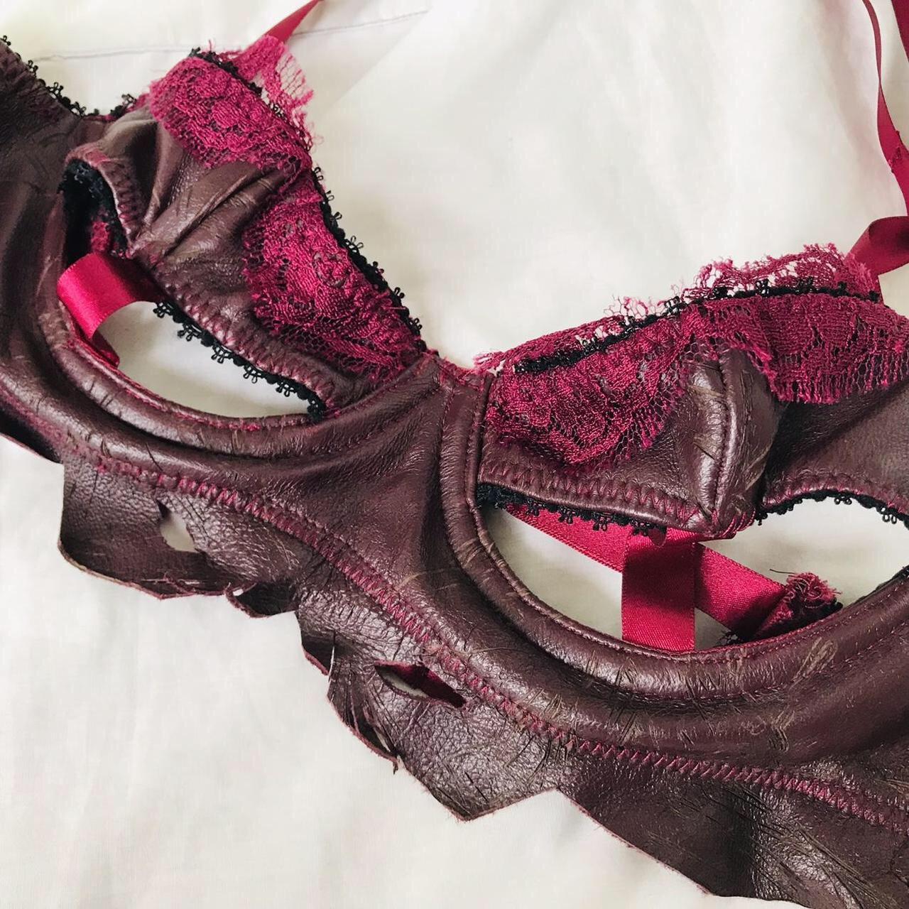 Handmade leather bra with lace trim and ribbon... - Depop