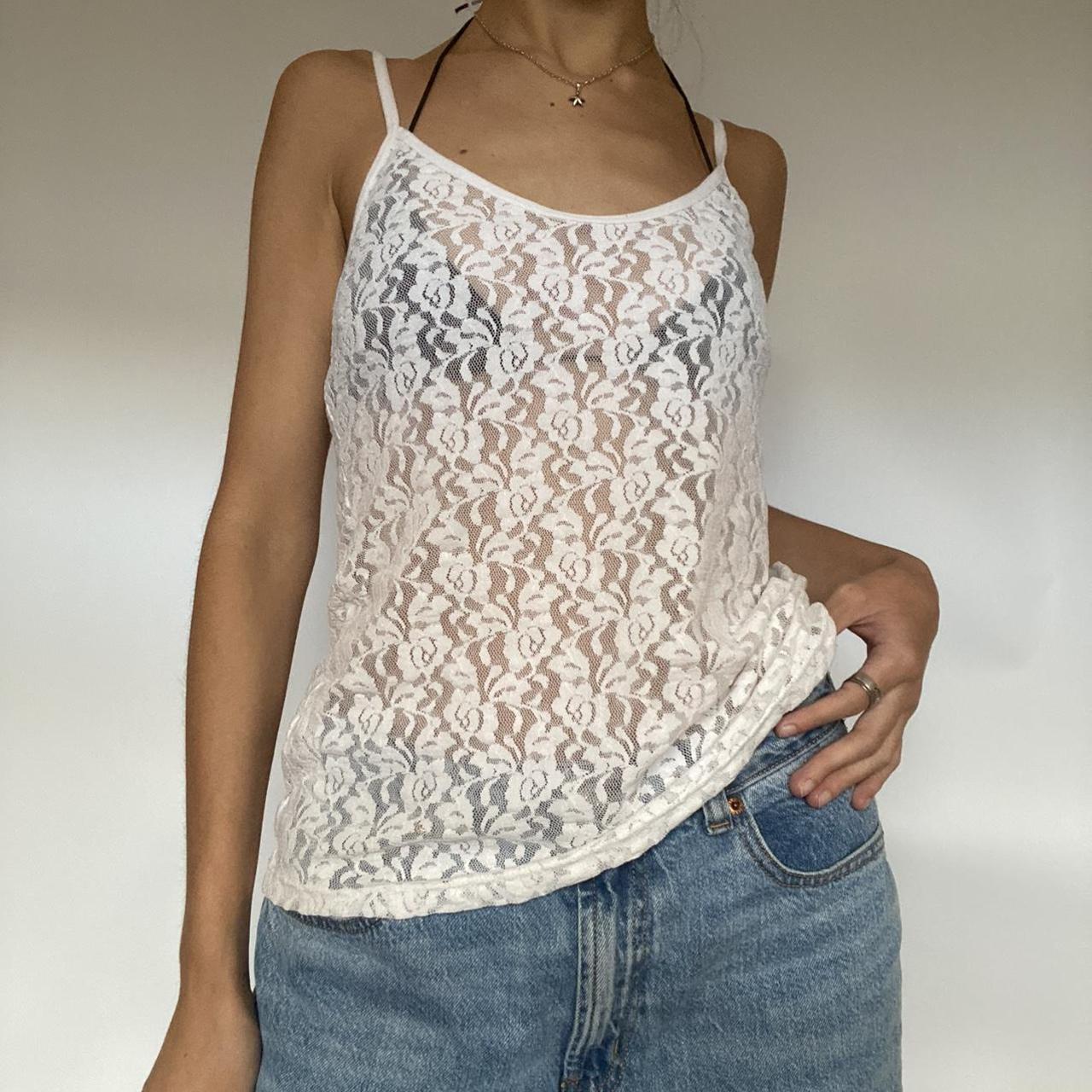 White lace mesh cami top 🌻 Size 10 Shown on size... - Depop