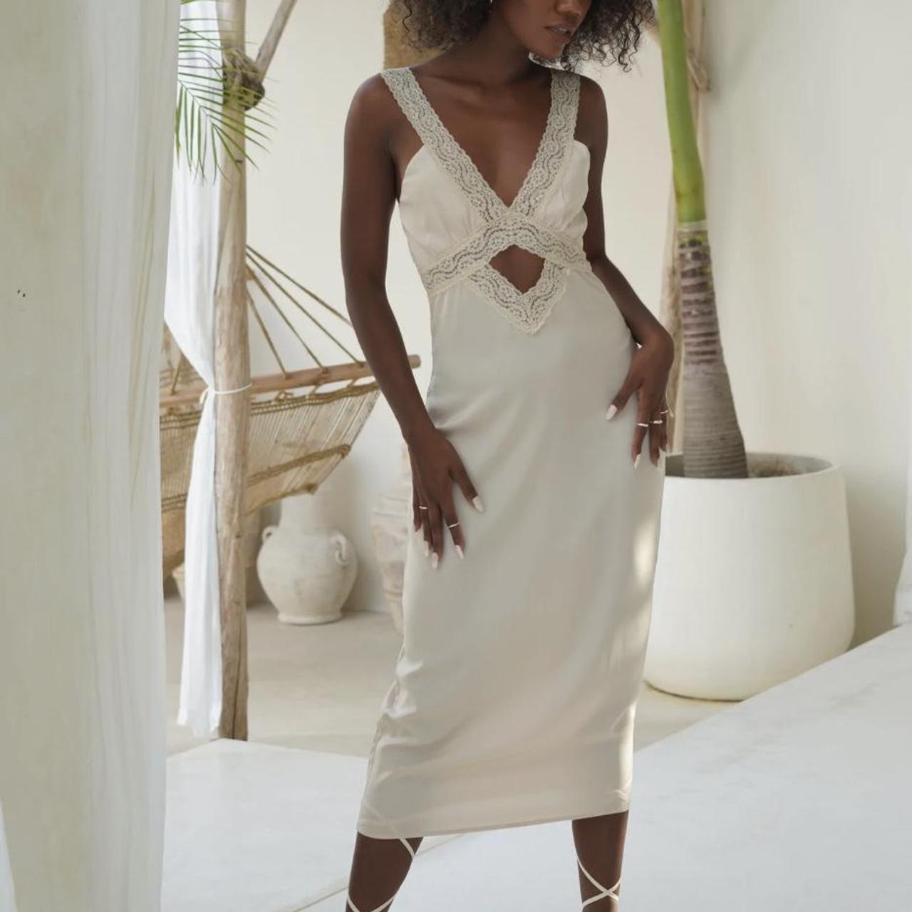 MESHKI kristin Lace Cut Out Midi Dress - Champagne... - Depop