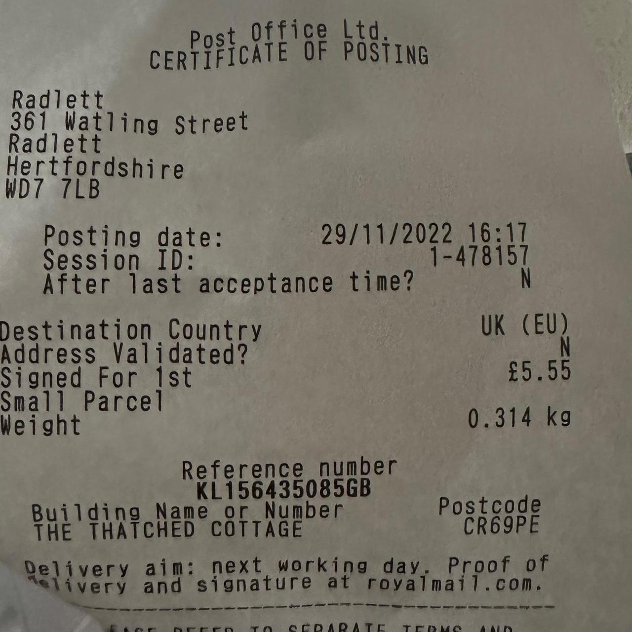 Proof of postage - Depop