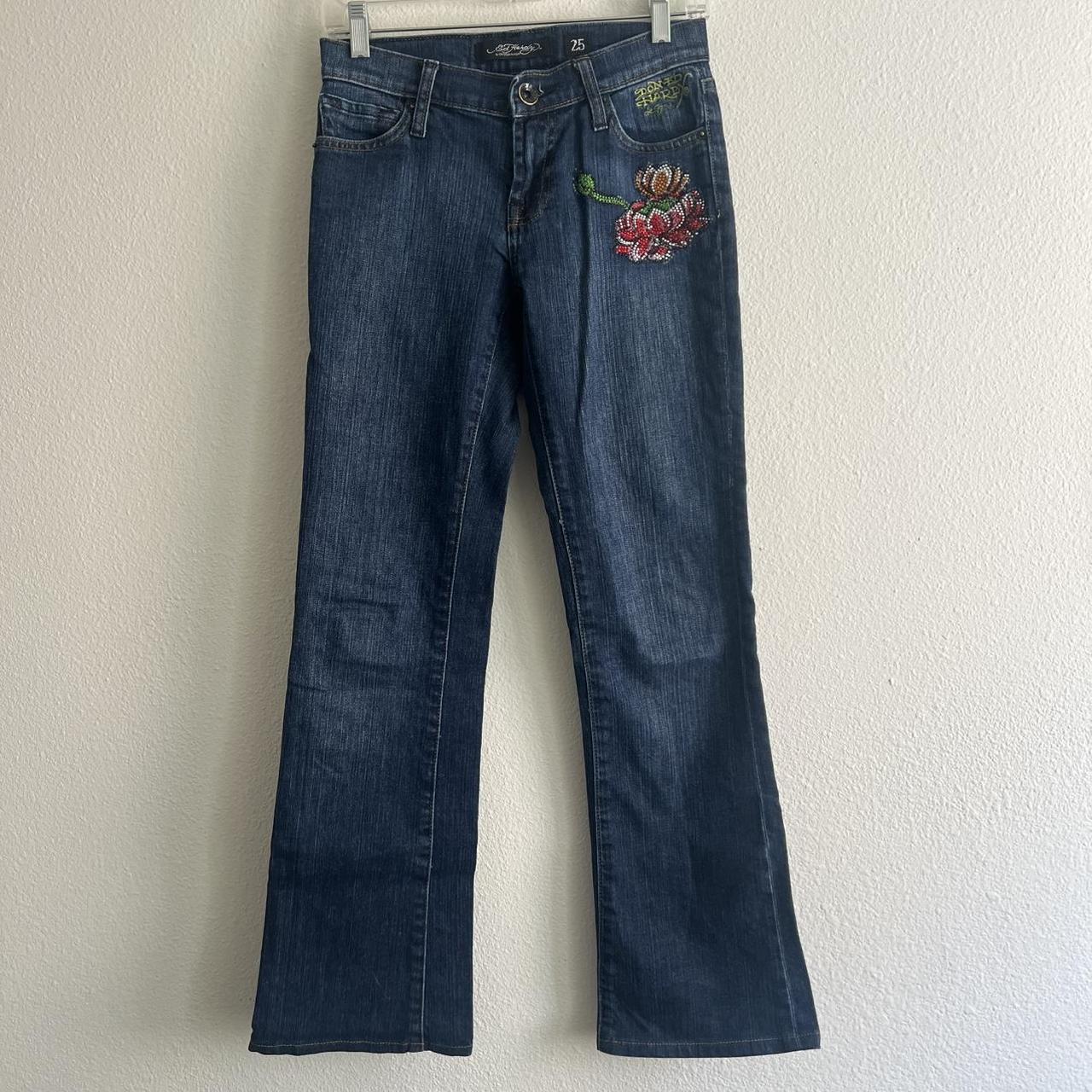ed hardy low rise flare jeans with rhinestone decal... | Depop