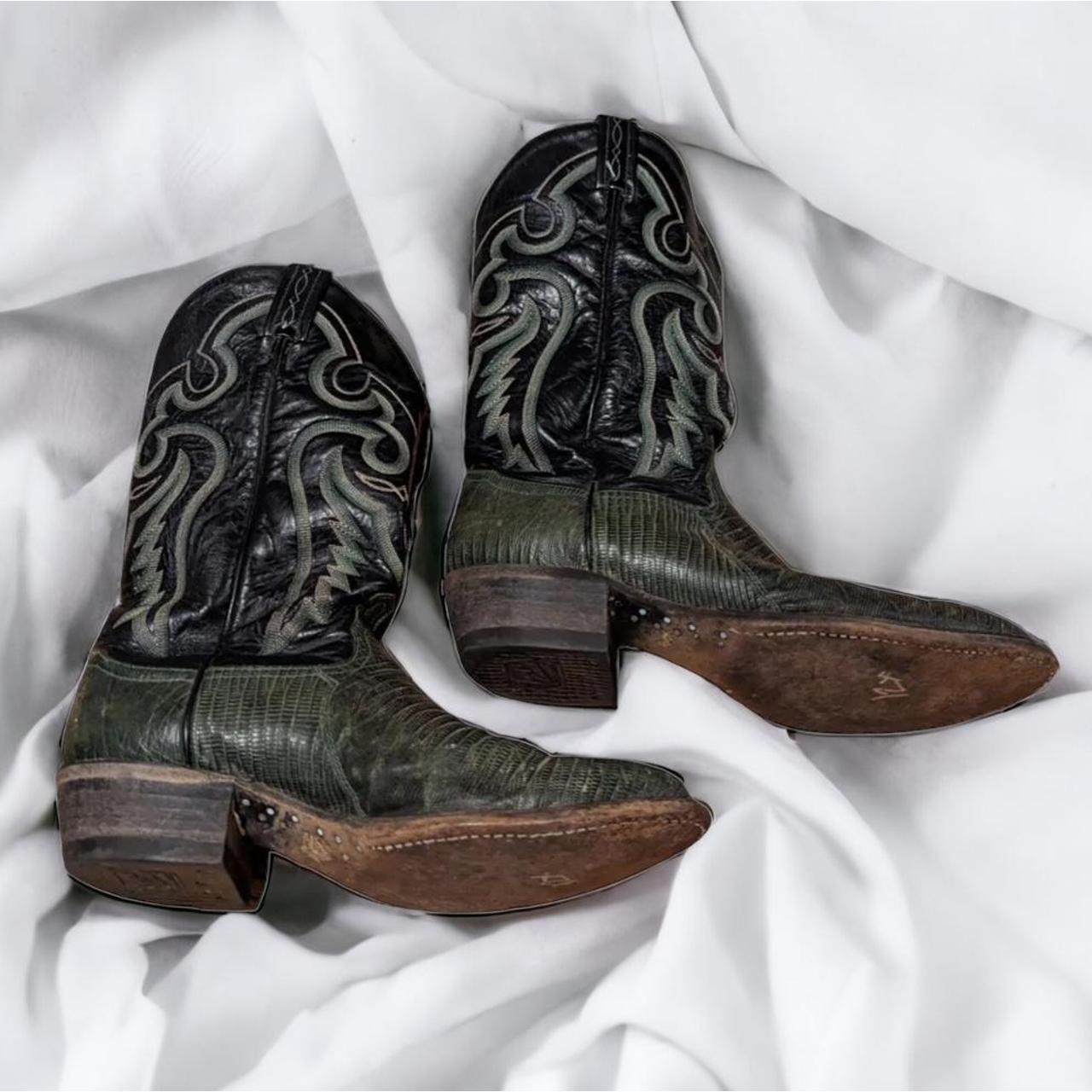 Vintage Tony Llama Green Black Lizard Skin Boots 9.5... - Depop