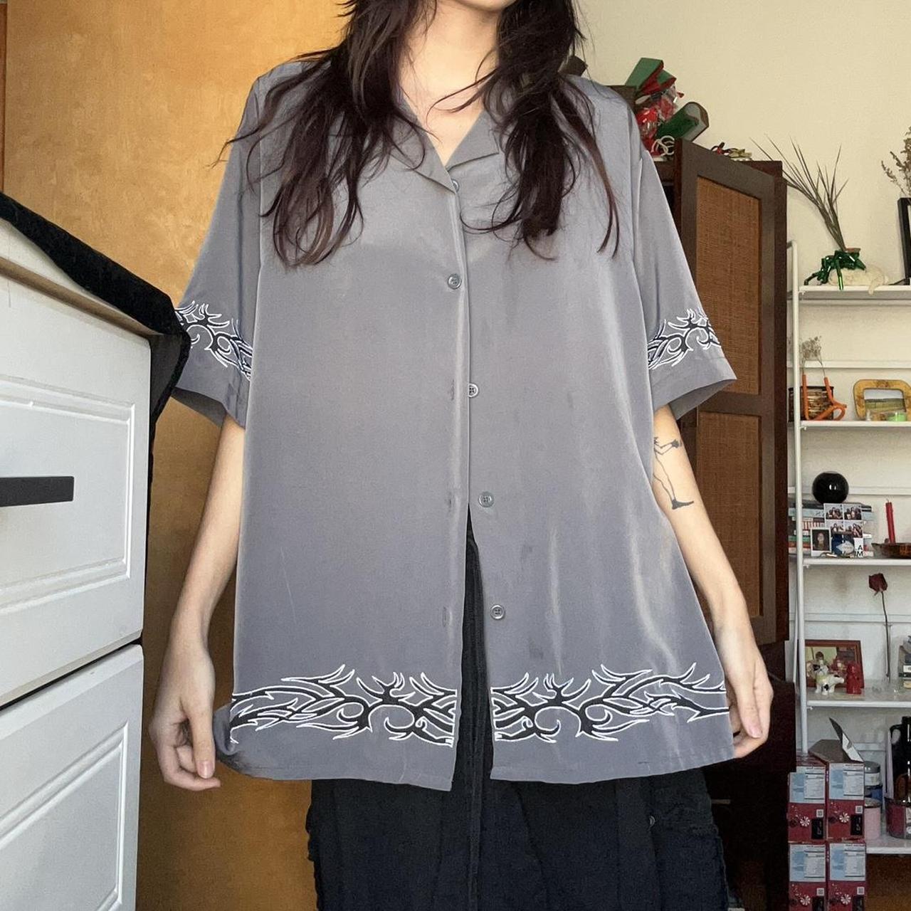 Tribal gray button down, some stains pictured on... - Depop
