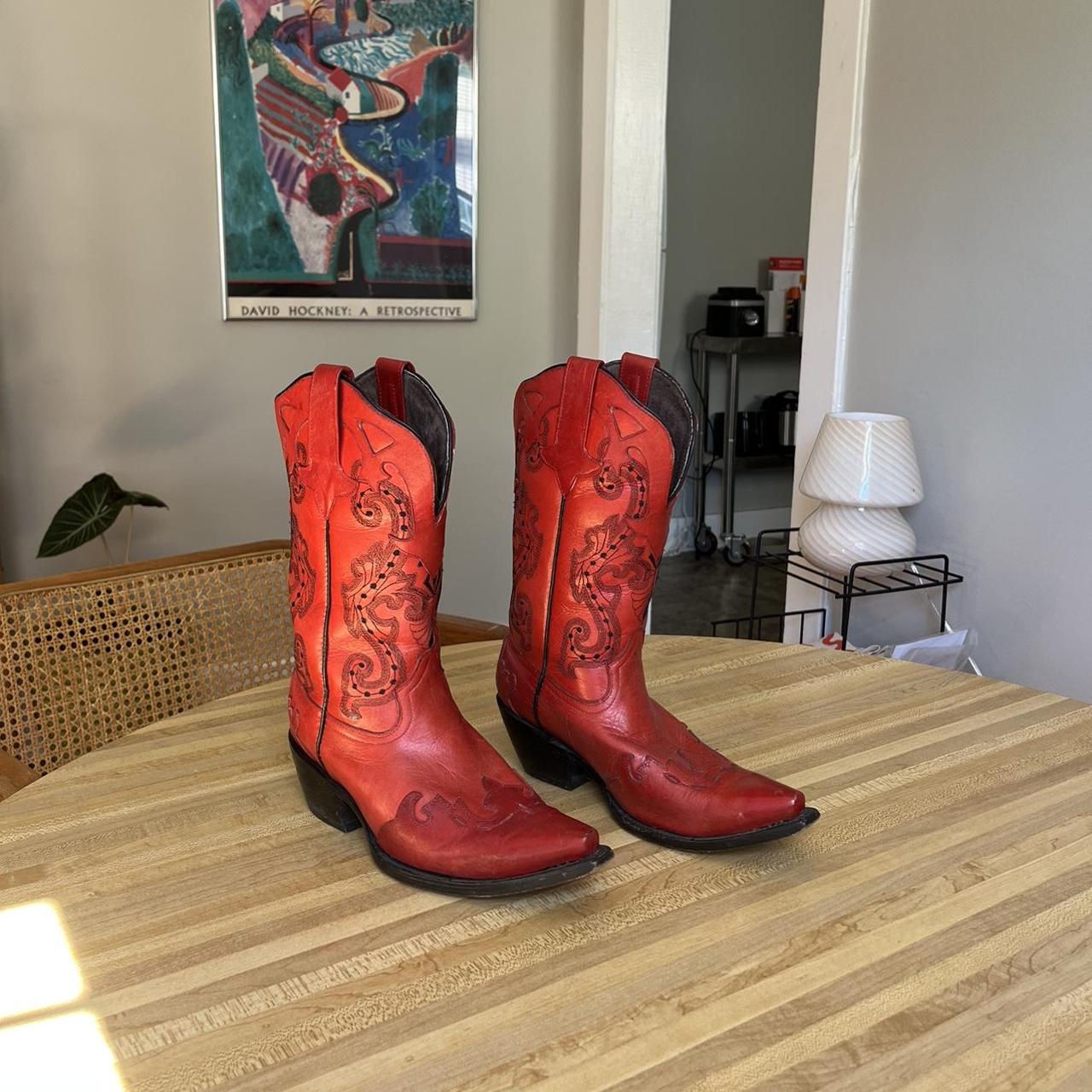 Genuine leather red cowboy boots Size 7.5 women... - Depop