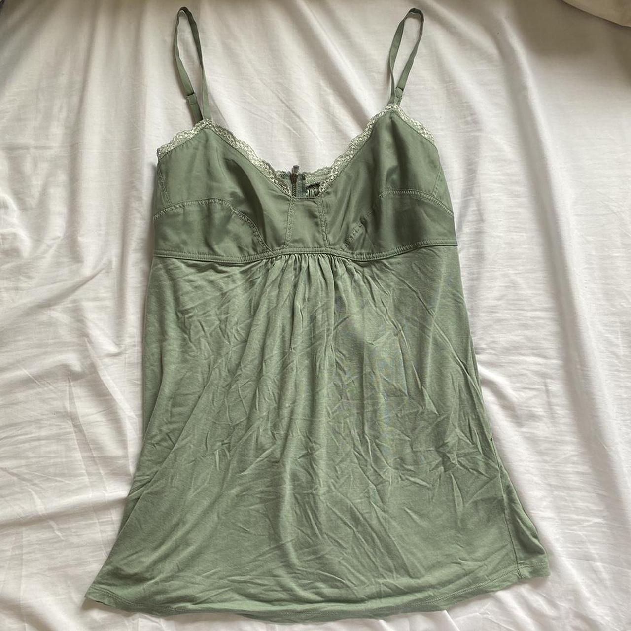 Sage green cami vest top with lace detailing, size... | Depop