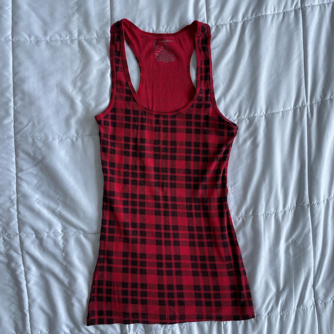 very cool Y2K red plaid razor back tank top size:... - Depop