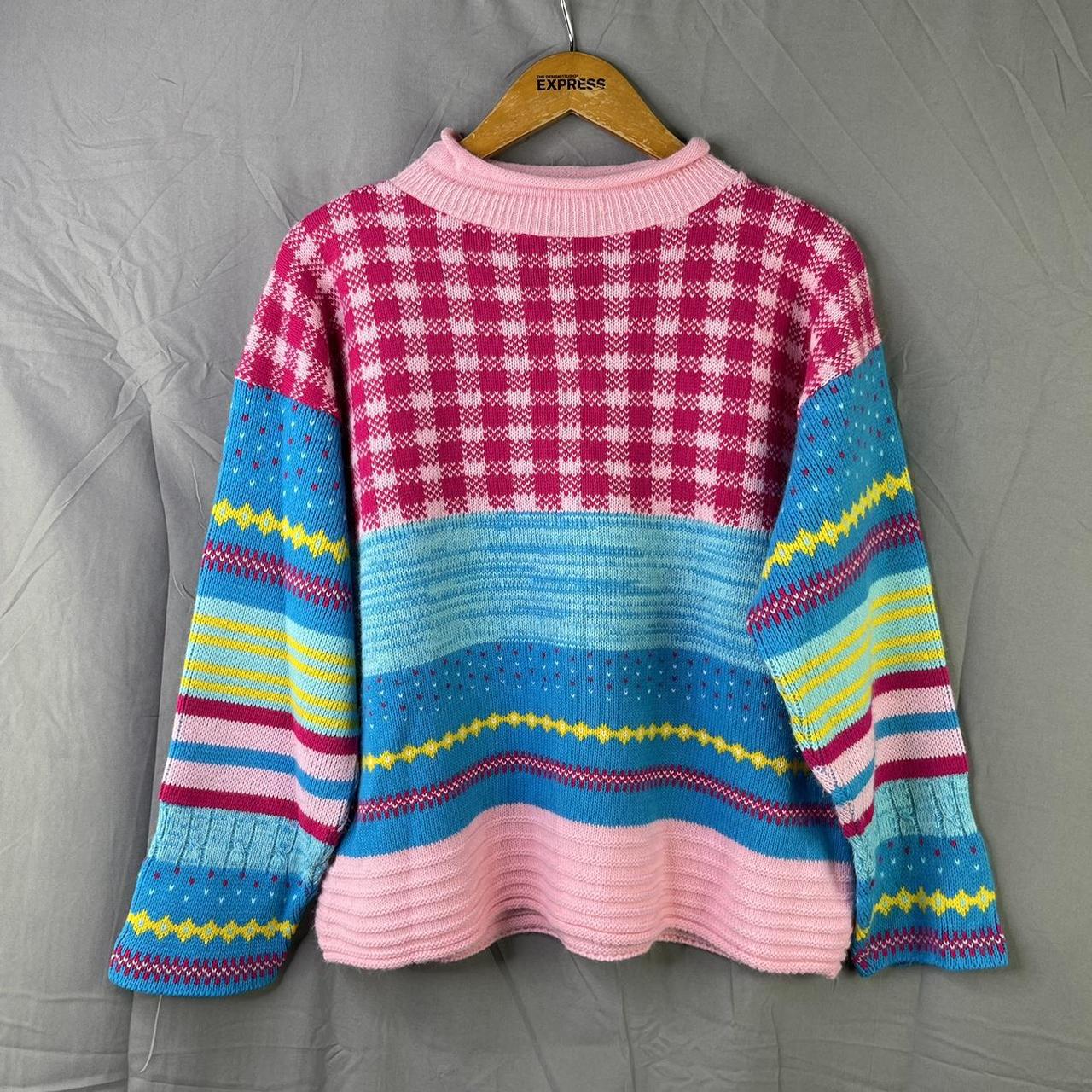 Vintage 80s Colorful Pink Pattern Pullover Knitted... - Depop