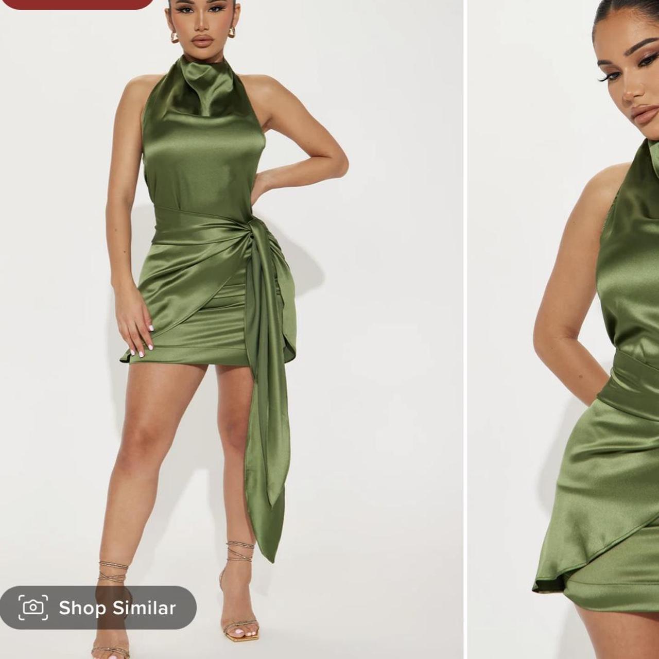 Satin halter neck mini dress in olive // drape tie... - Depop