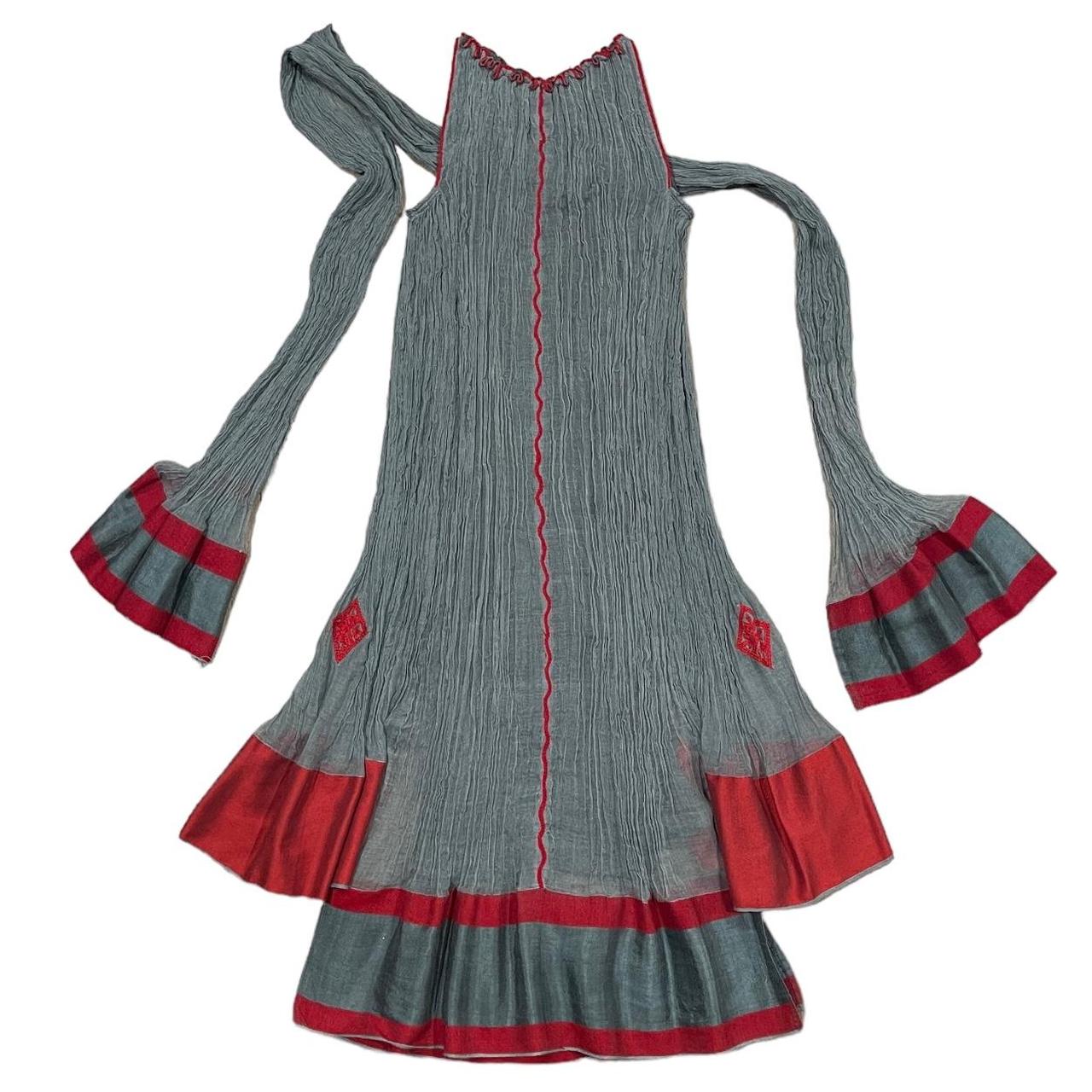 Vintage Yeab tibeb dress sage blue with red trimmed... - Depop