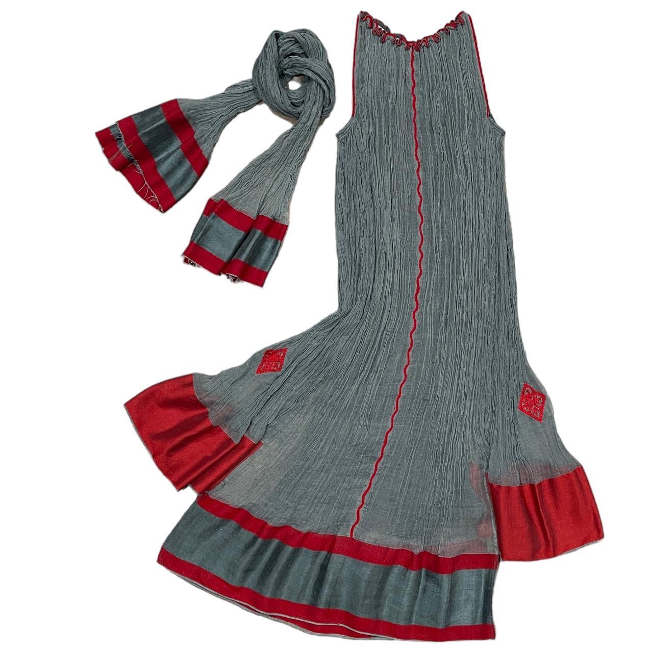 Vintage Yeab tibeb dress sage blue with red trimmed... - Depop