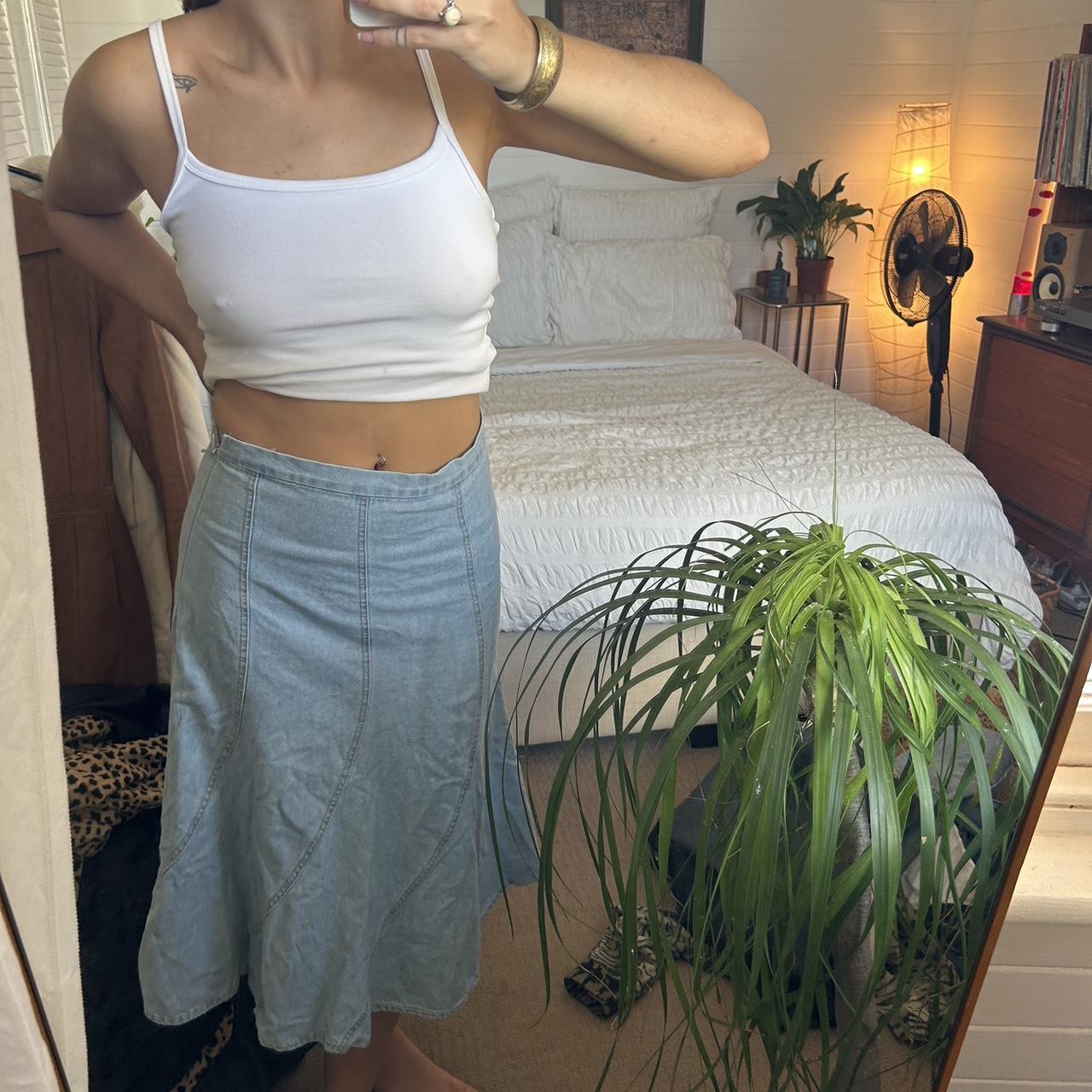 Denim long maxi skirt. Size 8 or 6 for looser fit - Depop