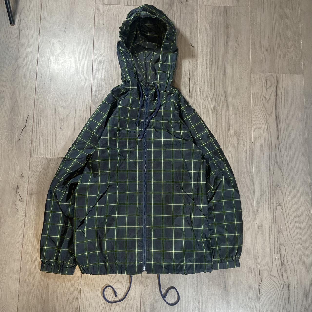 Checked plaid tartan black and green rain jacket... | Depop