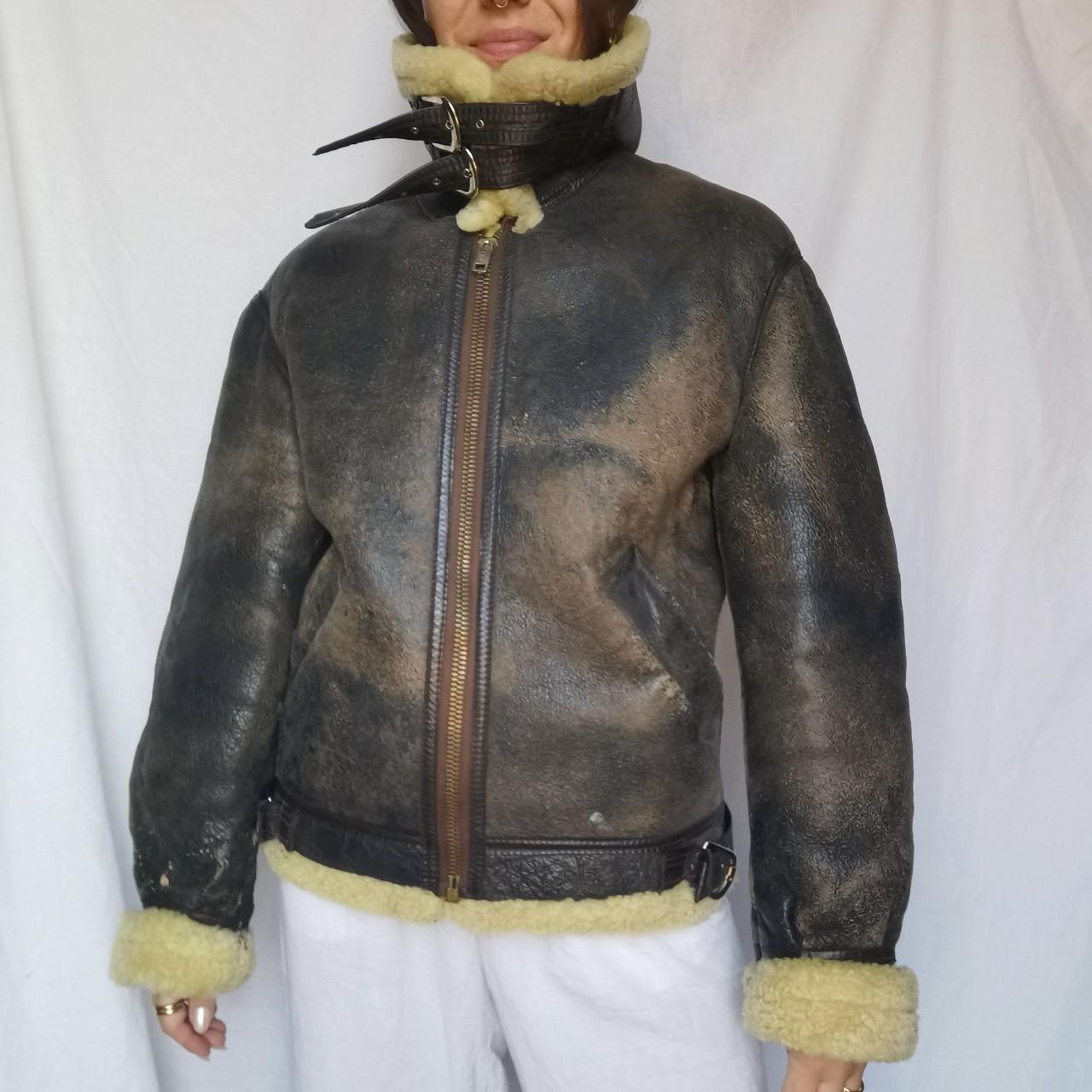 Vintage sheepskin shearling aviator jacket Real... - Depop
