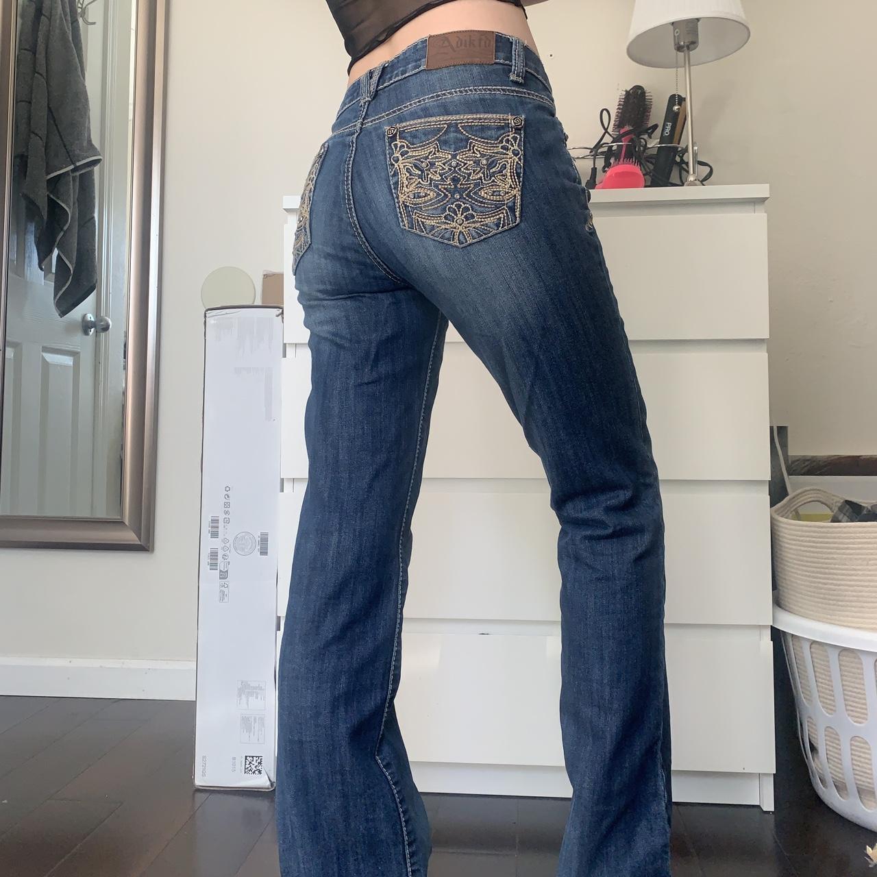Y2k low rise bootcut jeans with gold stitching and... - Depop