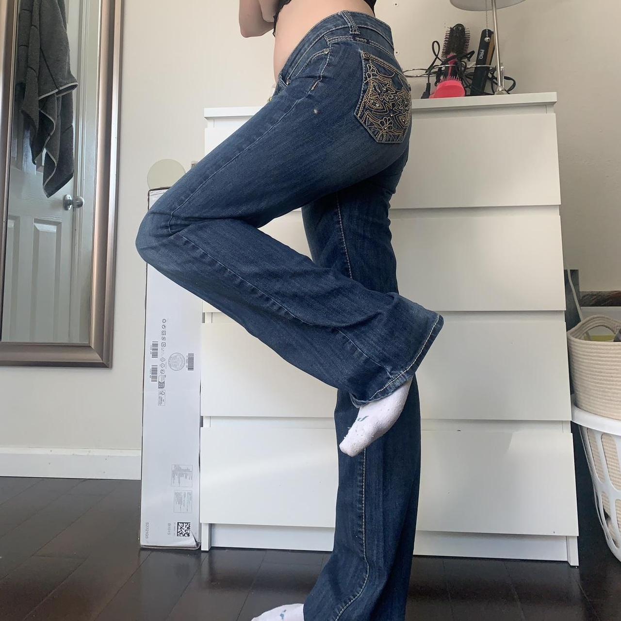 Y2k low rise bootcut jeans with gold stitching and... - Depop