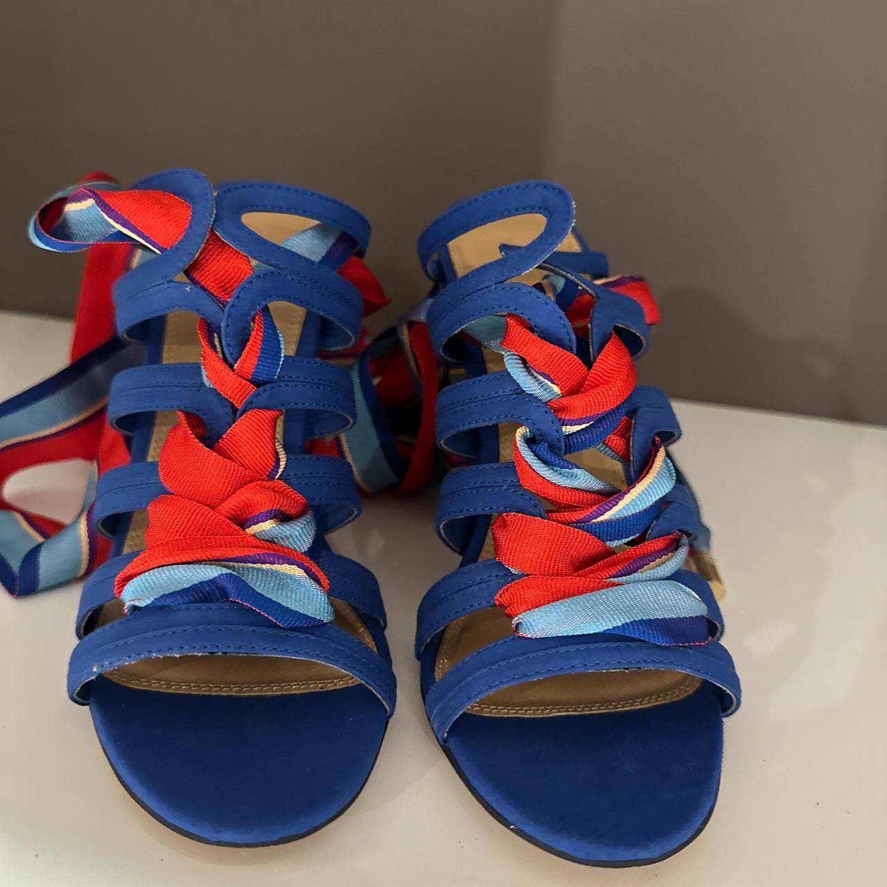 Nautical Blue and red striped heels with long laces.... | Depop
