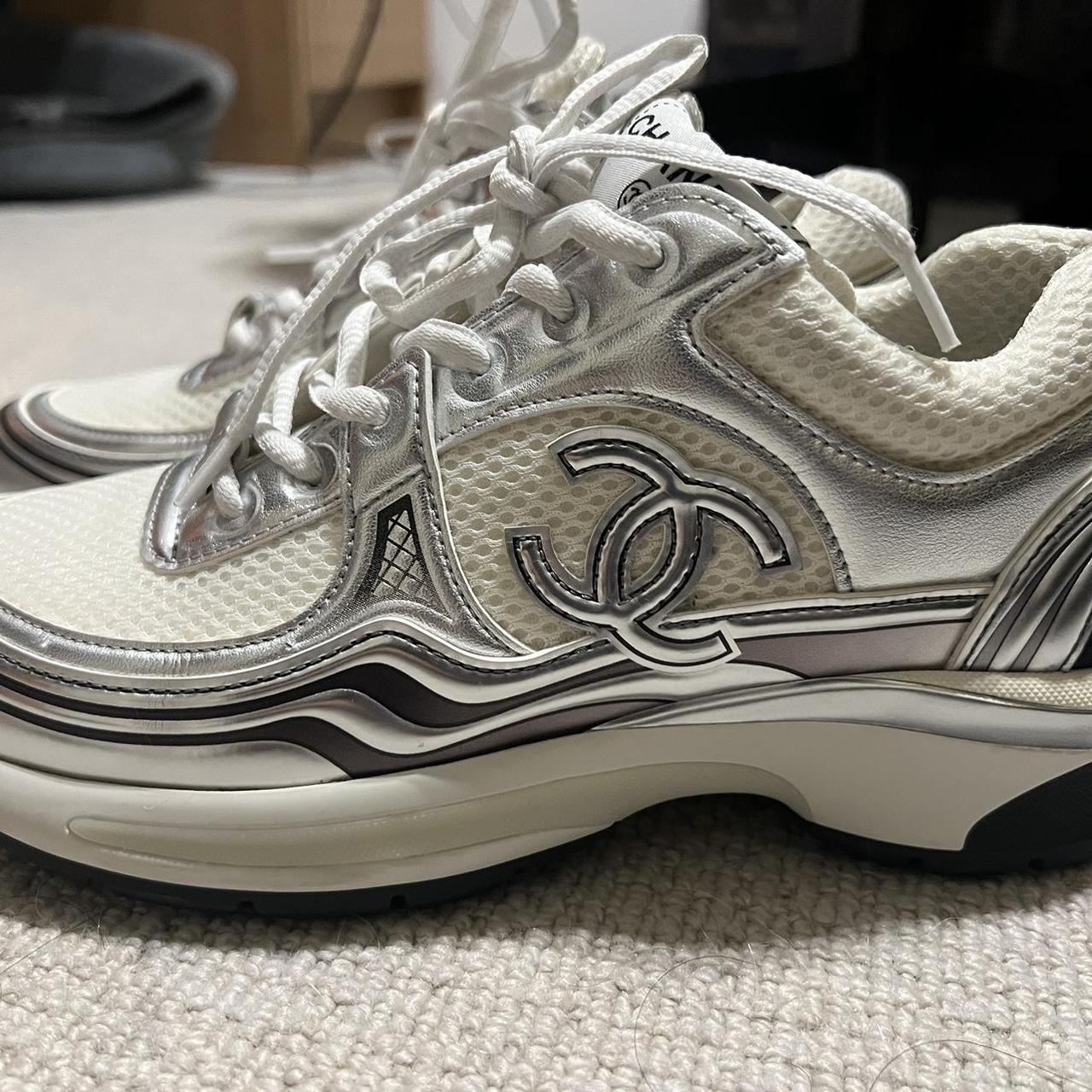 Chanel silver and white metallic trainers sneakers... - Depop