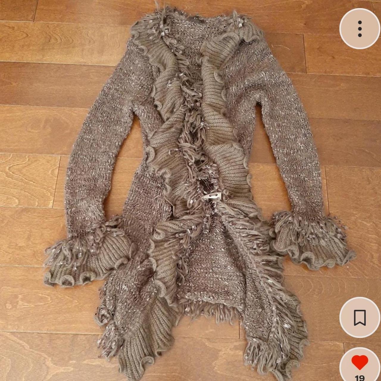 90s crocheted sweater with frilly trim & buttons... - Depop