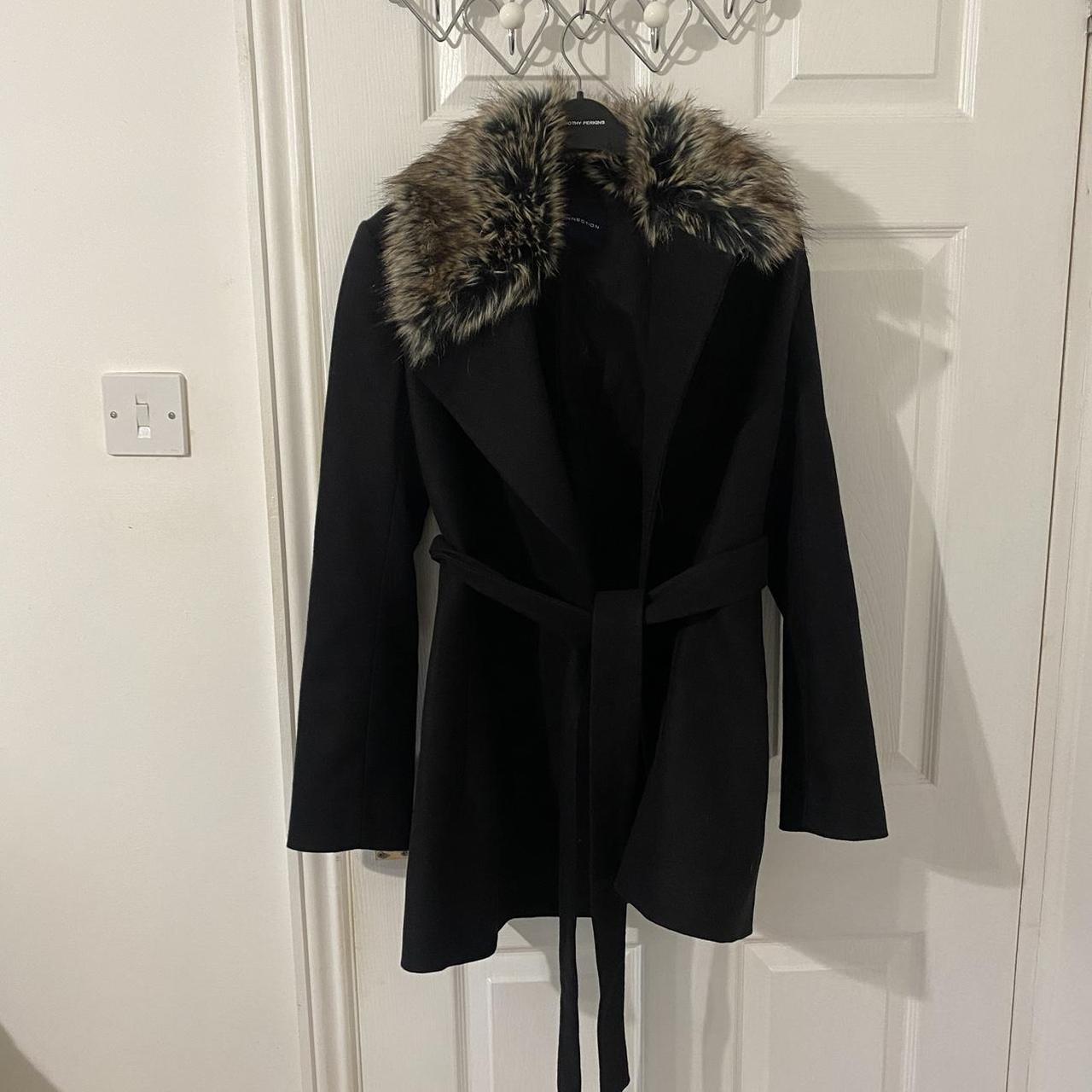 French connection black fur trim belted coat size... - Depop
