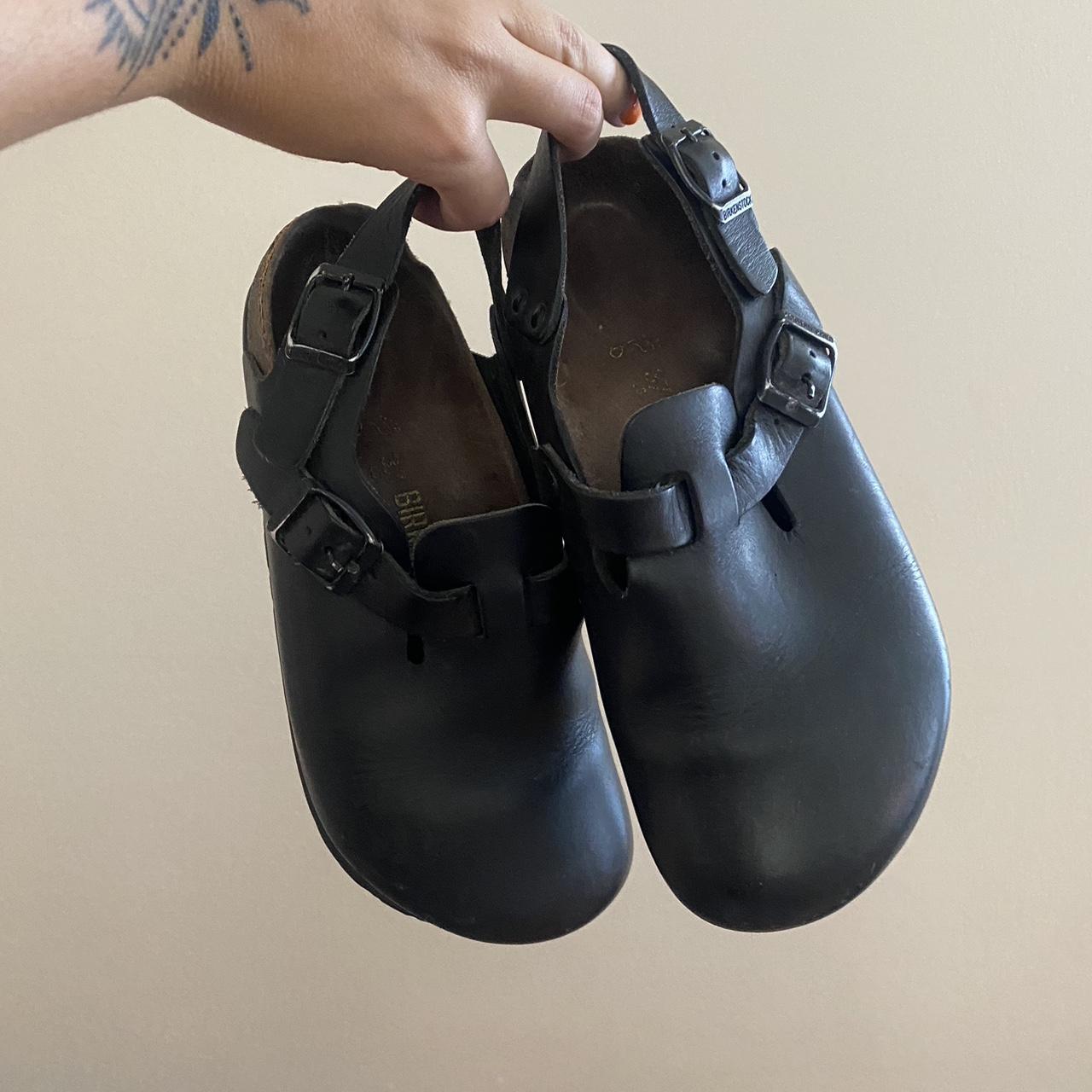 Birkenstock black leather clogs with back straps,... - Depop