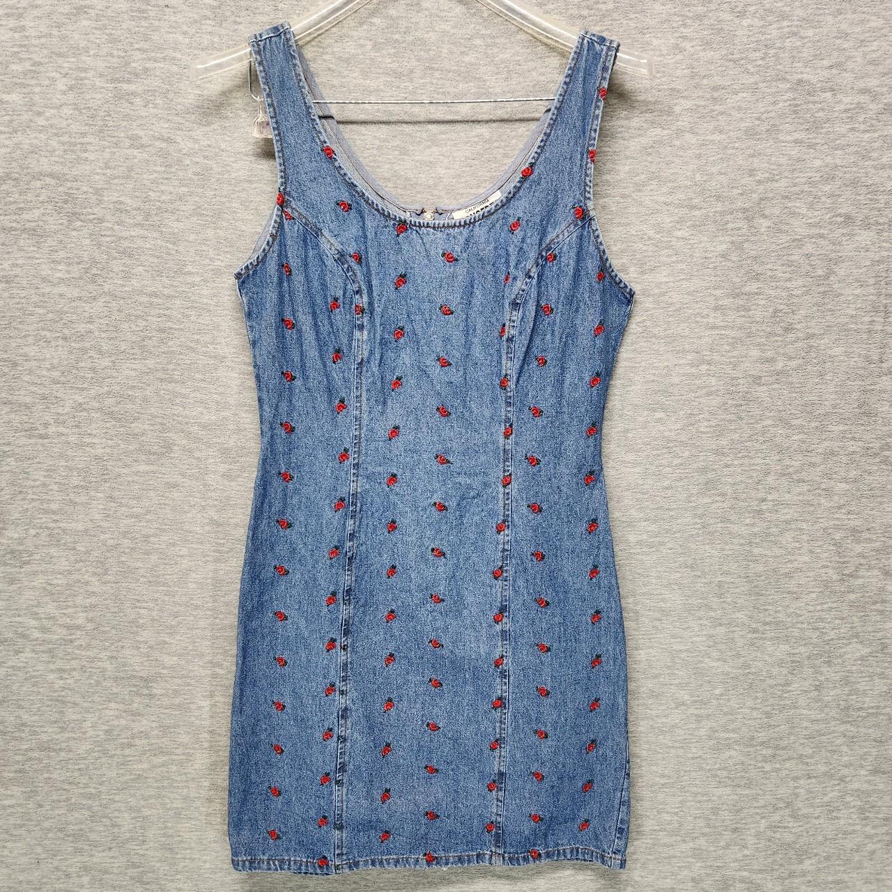 California Concepts 90's Denim Embroidered Dress Red... - Depop