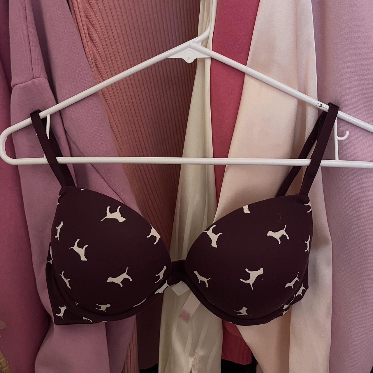 Maroon + White Pink Dog Monogram Push Up Bra Size 34C - Depop