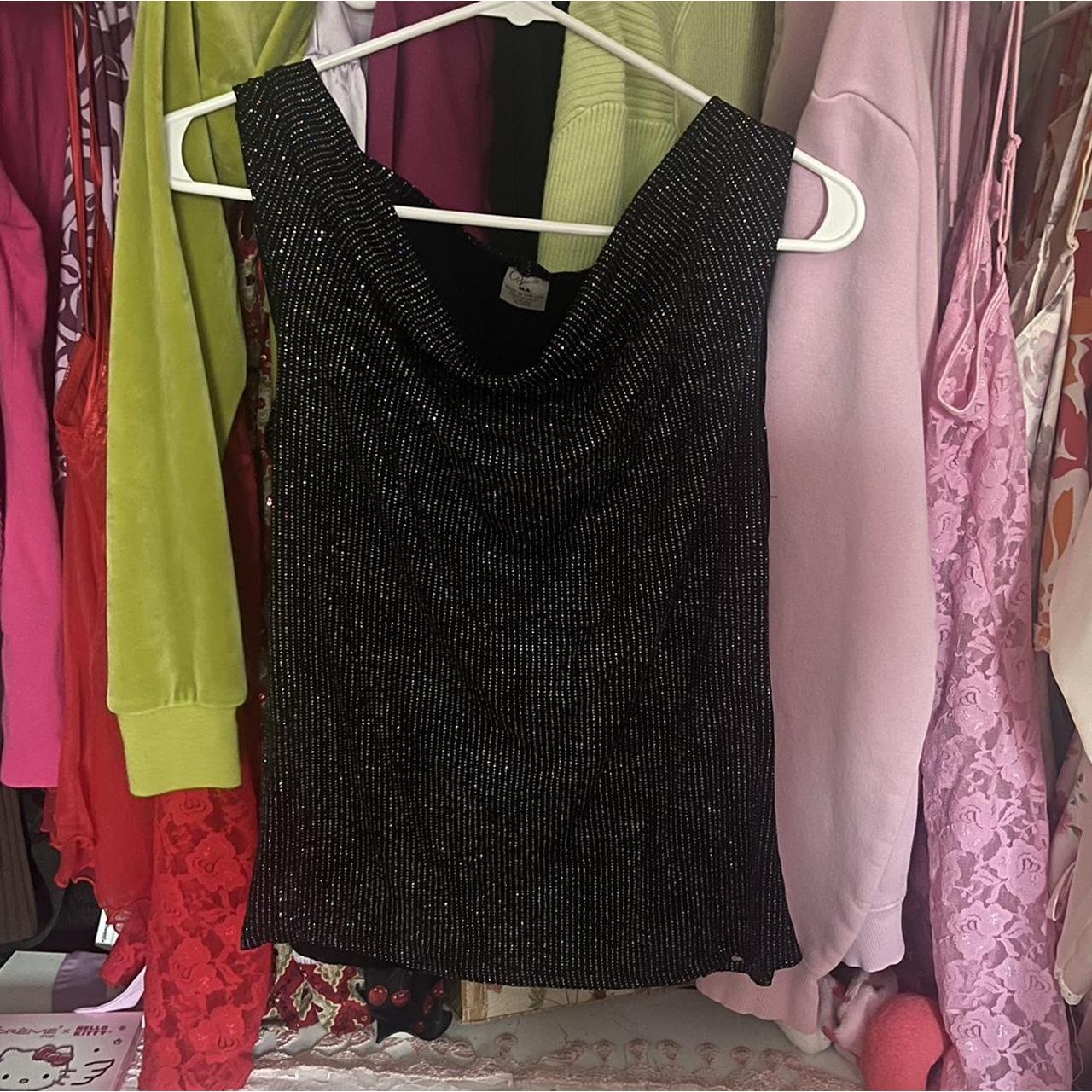 Multi colored sparkles black cowl neck top🥰 Size Large - Depop
