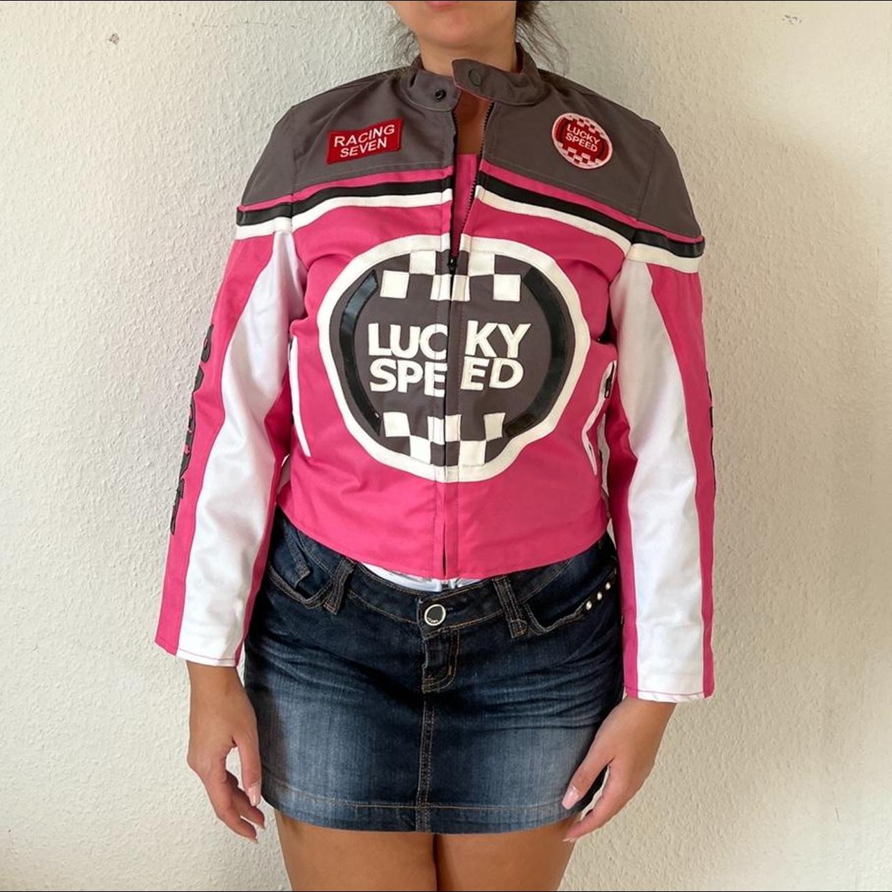 Pink, grey and white racing Bomber biker... - Depop