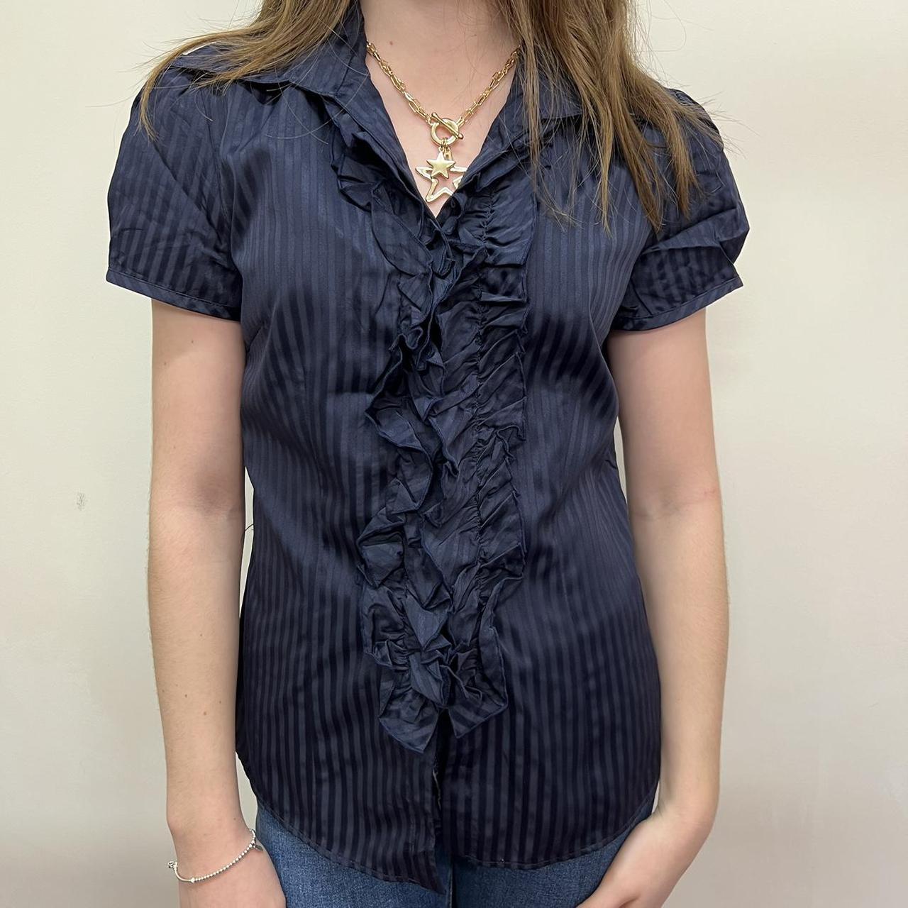 Satin ruffle top / blouse Navy Size S, seen on a... - Depop