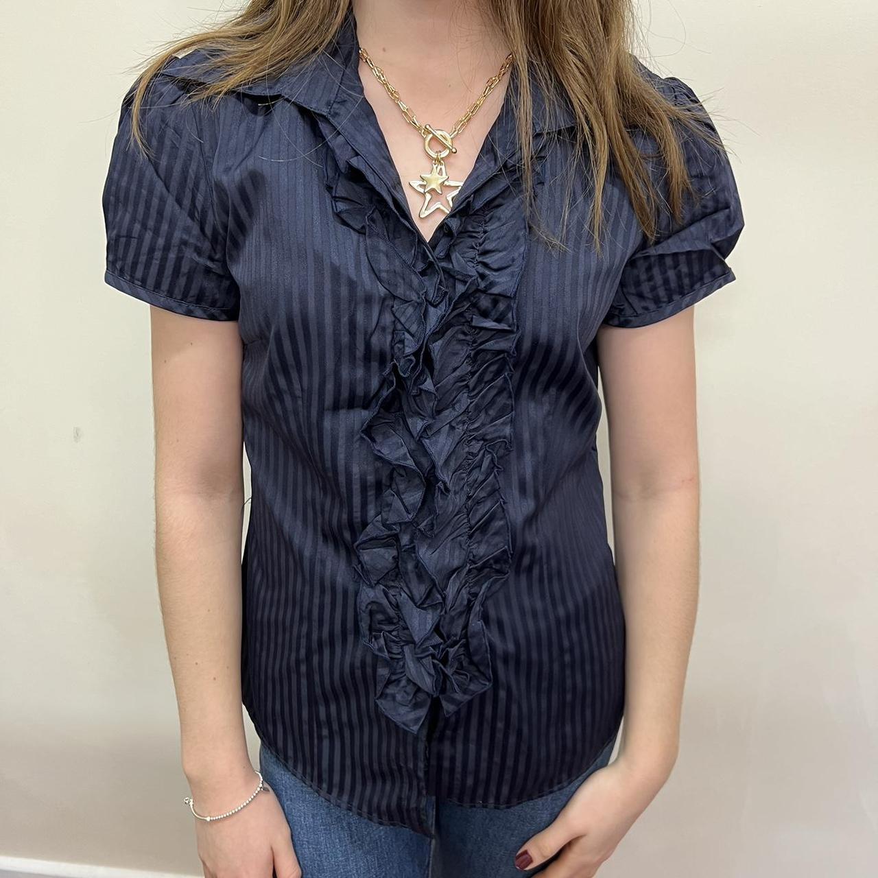 Satin ruffle top / blouse Navy Size S, seen on a... - Depop