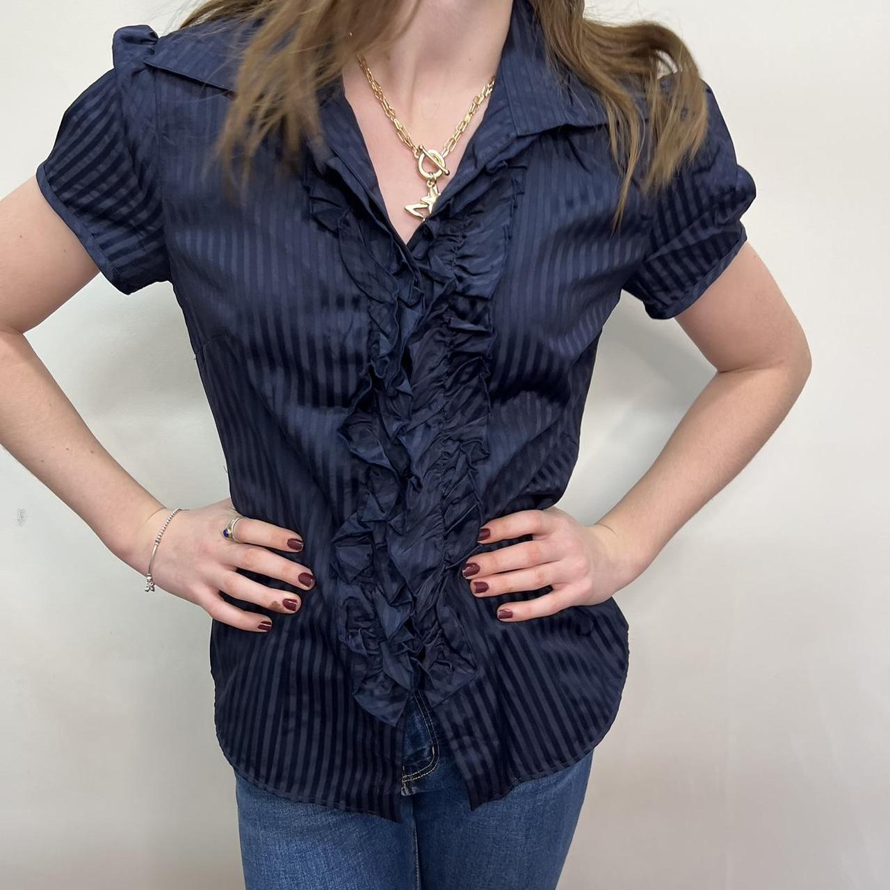 Satin ruffle top / blouse Navy Size S, seen on a... - Depop