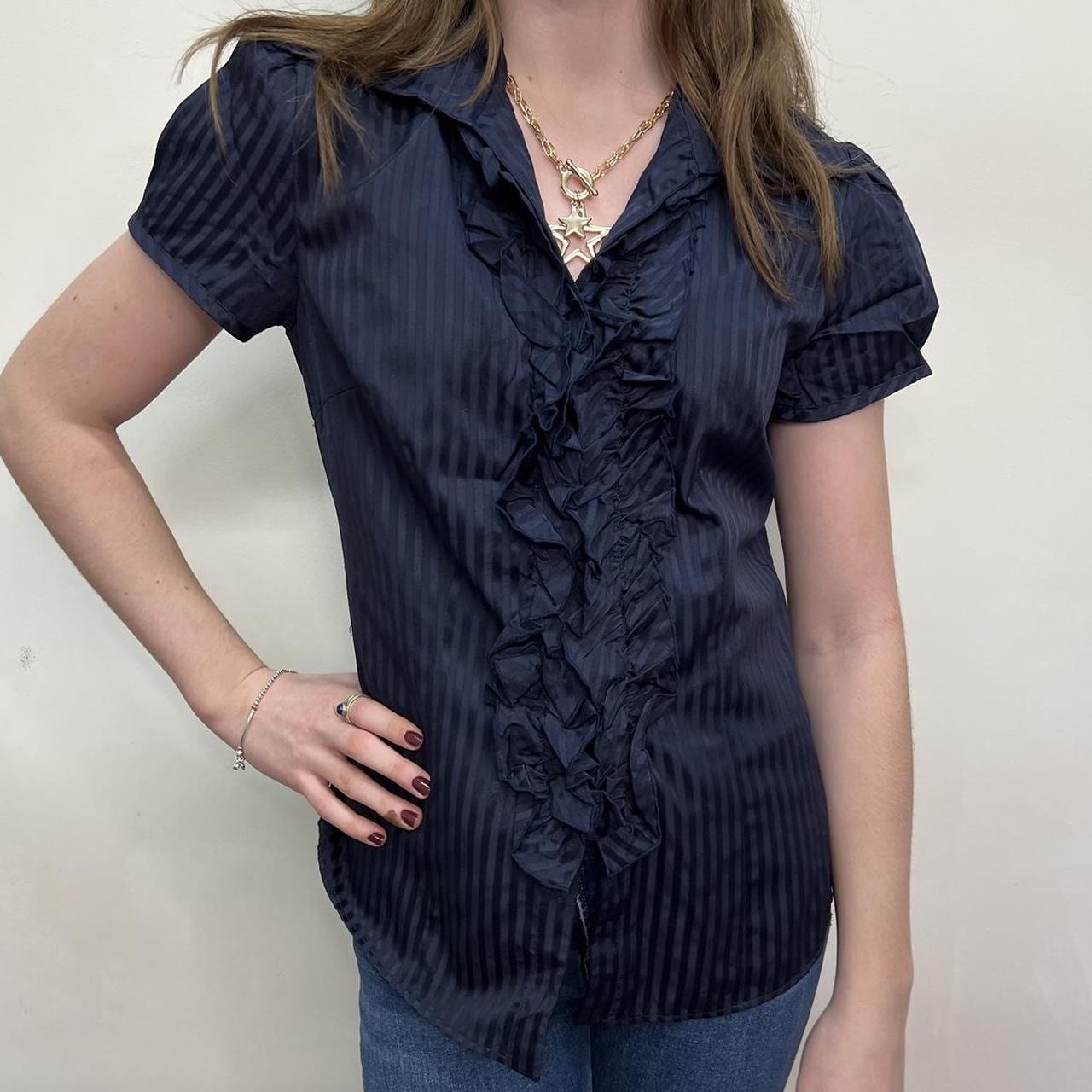 Satin ruffle top / blouse Navy Size S, seen on a... - Depop