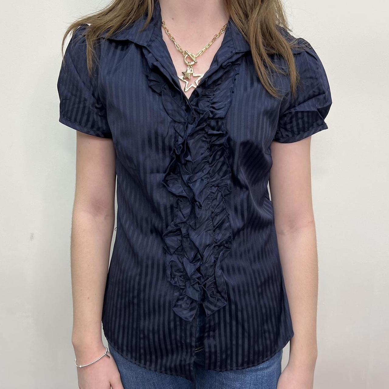 Satin ruffle top / blouse Navy Size S, seen on a... - Depop