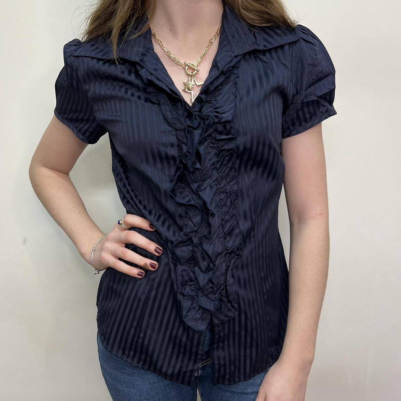Satin ruffle top / blouse Navy Size S, seen on a... - Depop