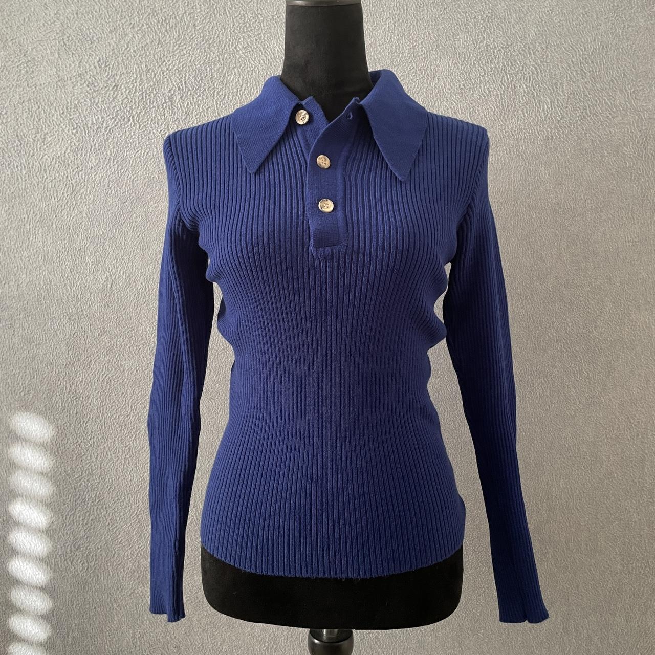 70s Ribbed Knit Dagger Collar Polo Sweater Vintage... | Depop