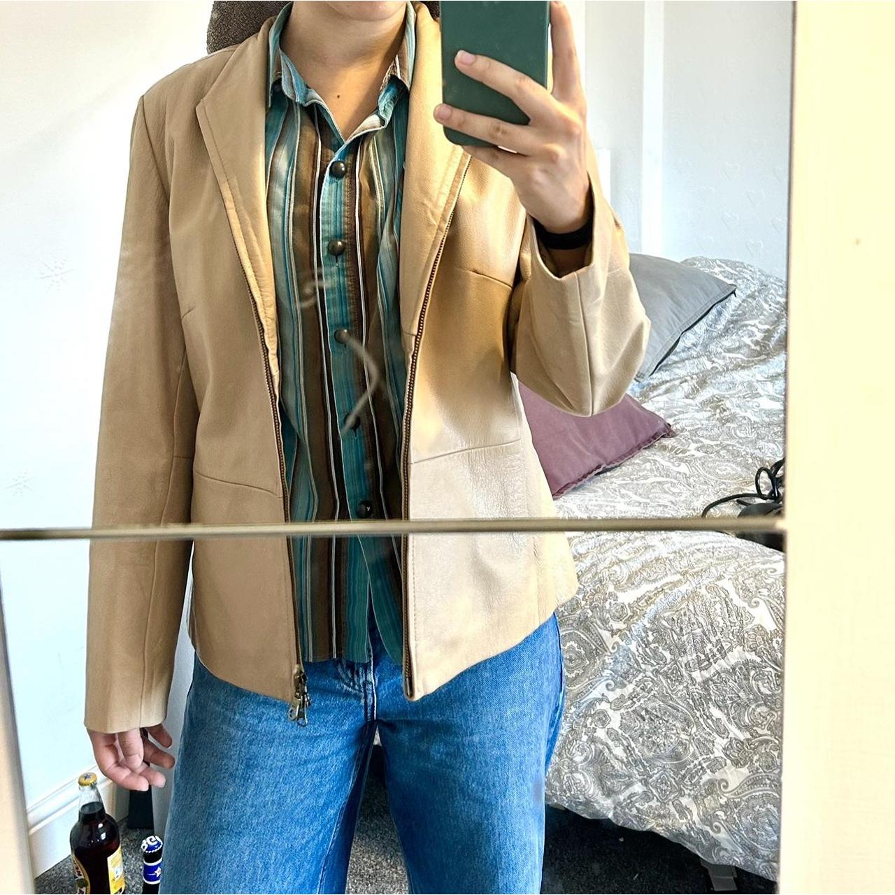 Beige-Tan leather blazer/jacket with collar. Good... - Depop