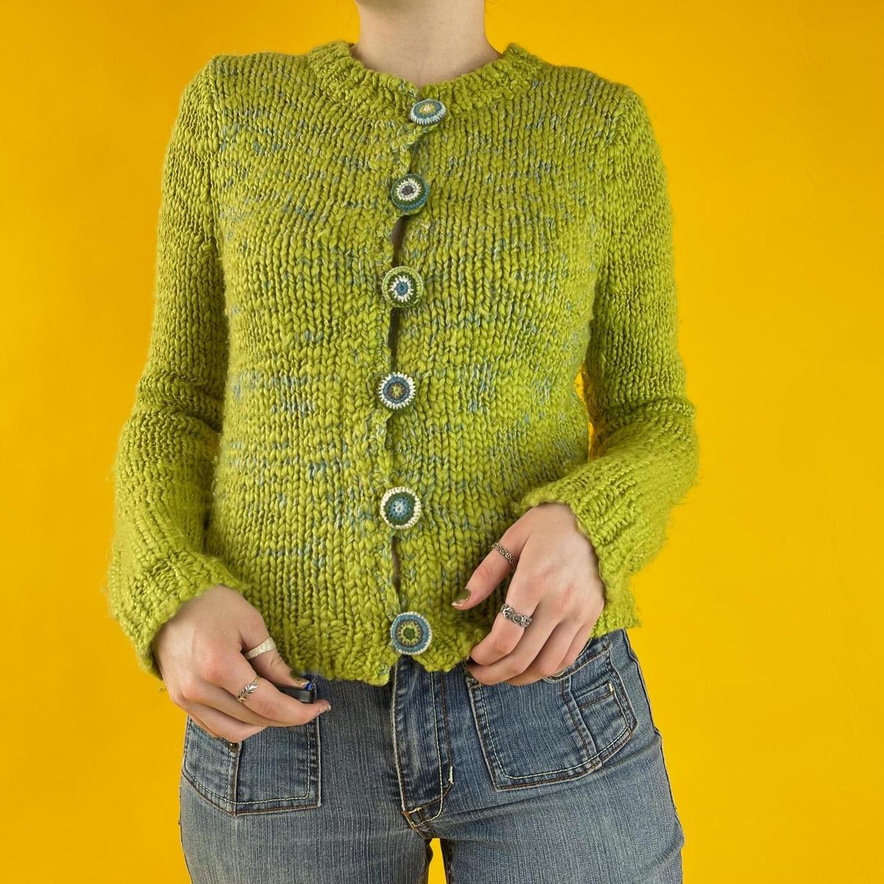 2000s funky green knit cardigan 🐛 features lime... - Depop