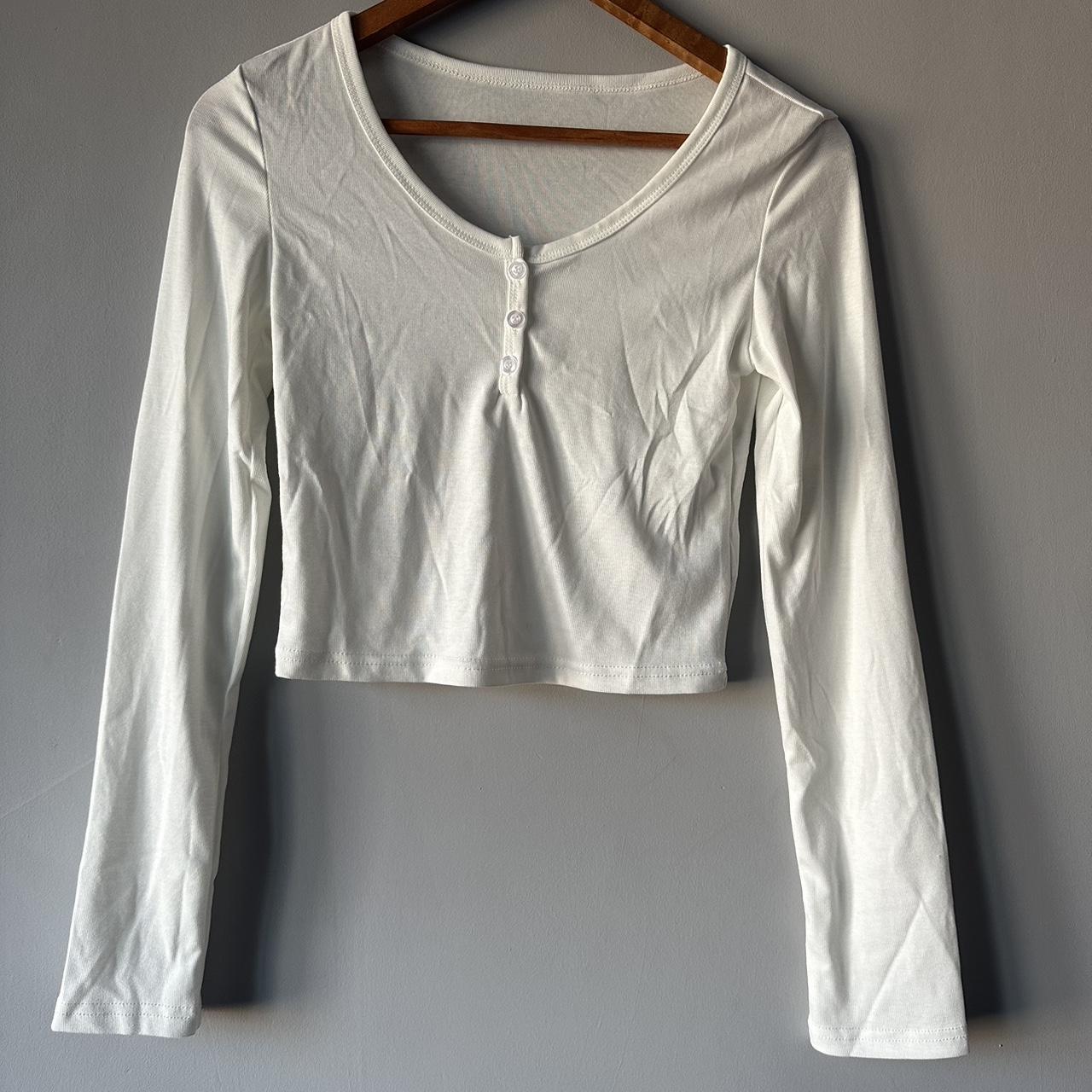 SHEIN Dazy white cropped long sleeve button detail... - Depop