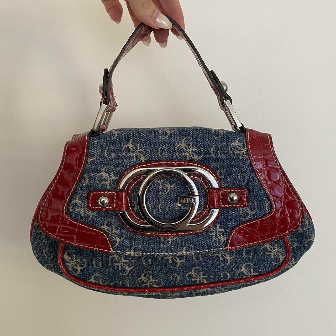 Guess denim bag with red and silver detailing... - Depop