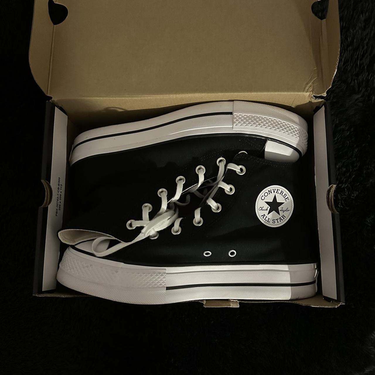 Black and white platform converse high top trainers... - Depop